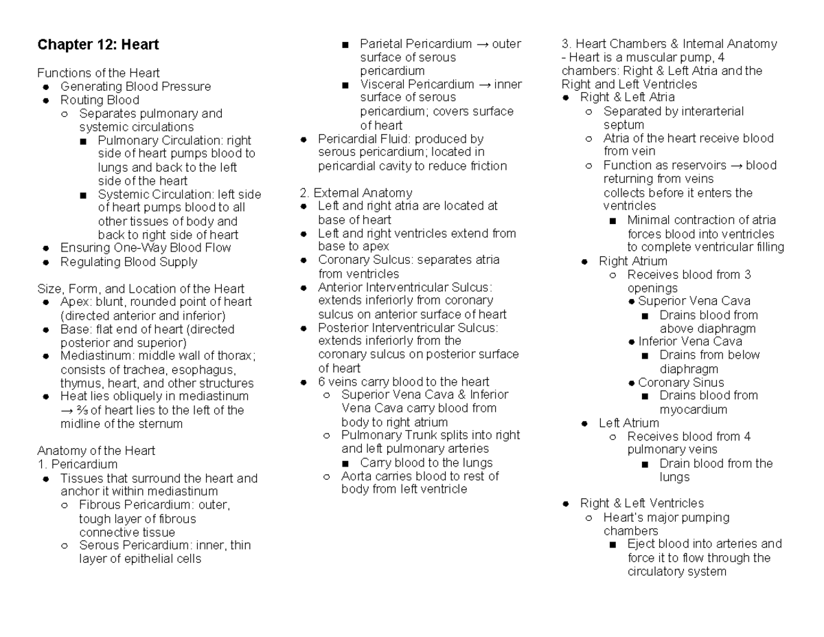 Chapter 12 Heart - Reviewer - Chapter 12: Heart Functions of the Heart ...
