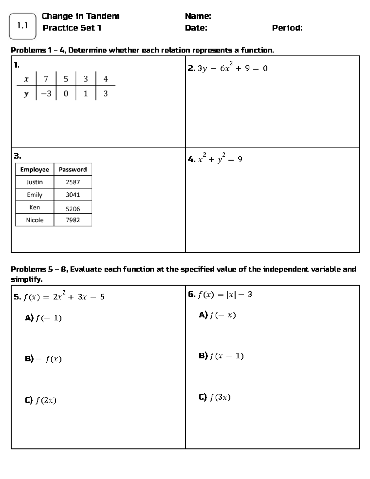 AP Precalc Change In Tandem Practice Problems - Change in Tandem Name ...