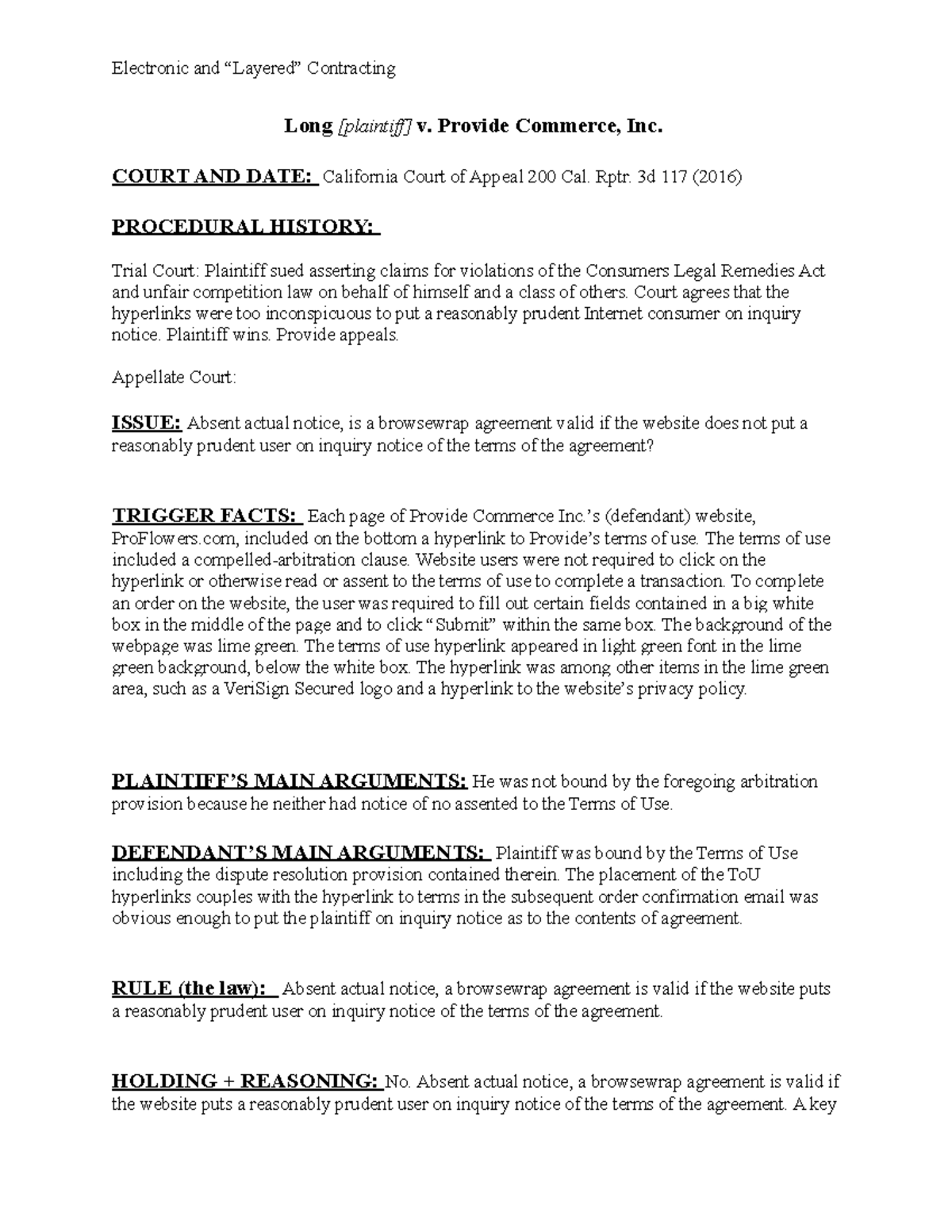 Long v. Provide Commerce - Electronic and “Layered” Contracting Long ...