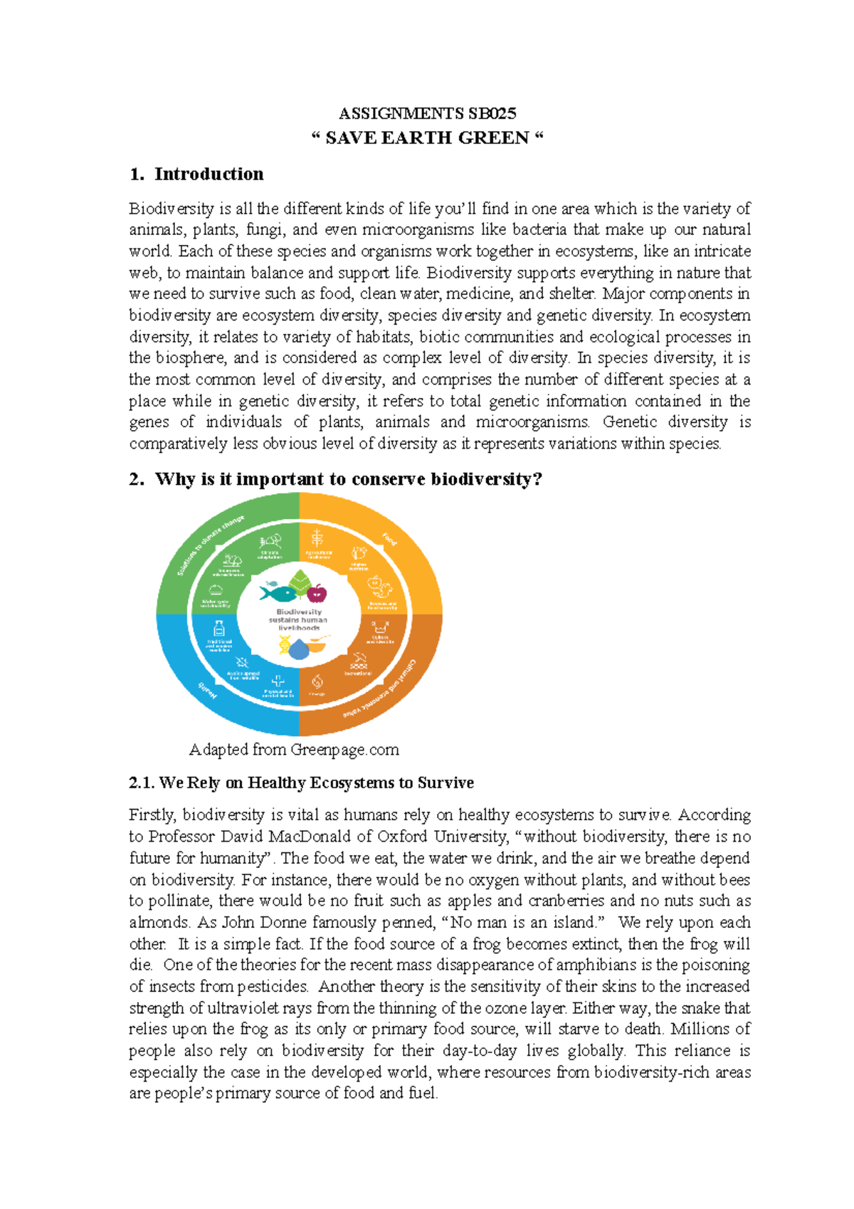 Assignments SB025 - ASSIGNMENTS SB “ SAVE EARTH GREEN “ 1. Introduction Biodiversity is all the ...