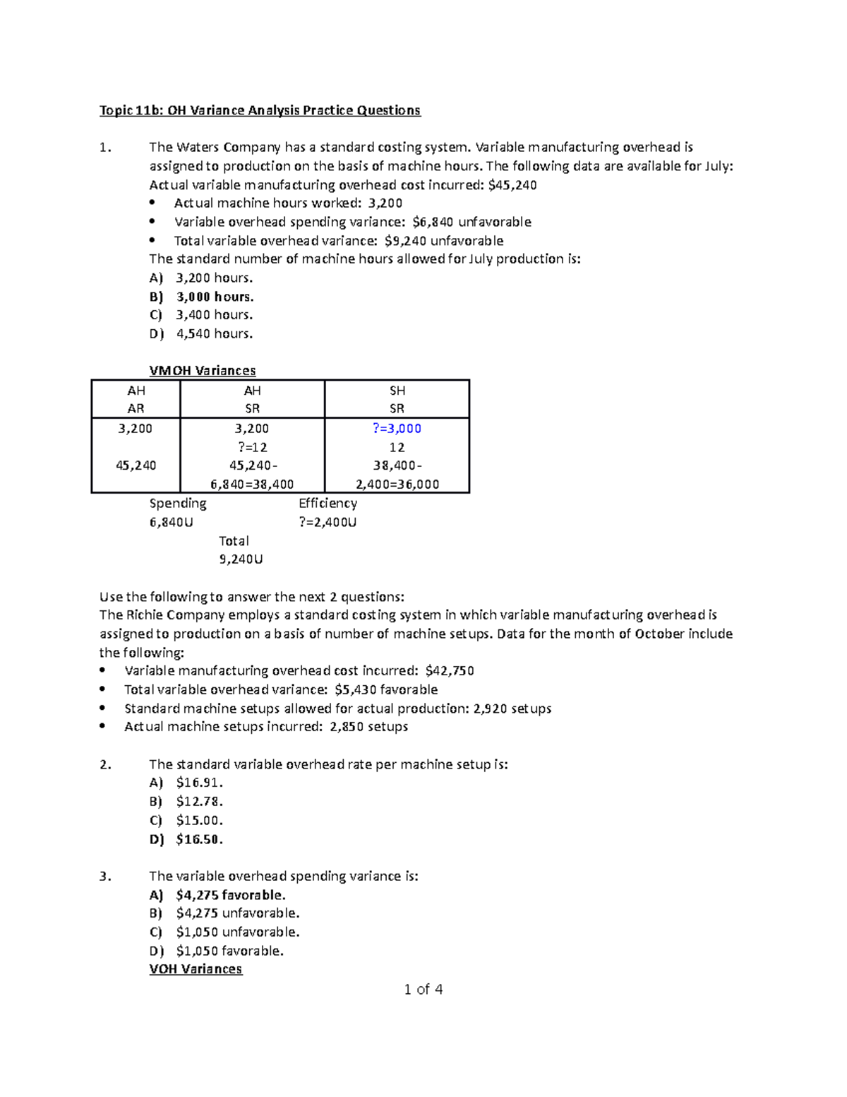 Topic 11b OH Variance Analysis Practice Questions with Ans - Topic 11b ...