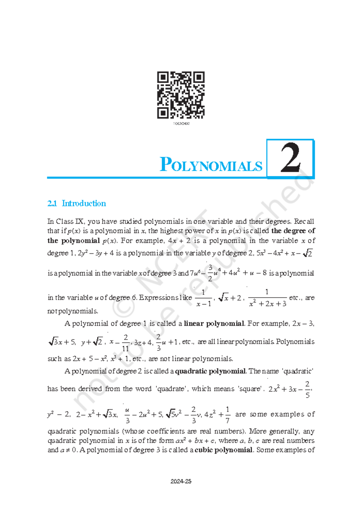 Polynomials -studied polynomials in one variable and their degrees - 10 MATHEMATICS 2 2 ...
