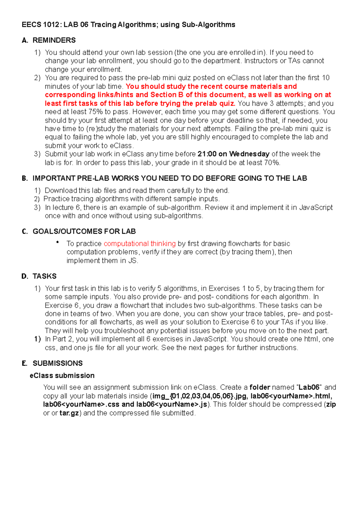 Lab06 - Intro - EECS 1012: LAB 06 Tracing Algorithms; using Sub-Algorithms A. REMINDERS 1) You ...