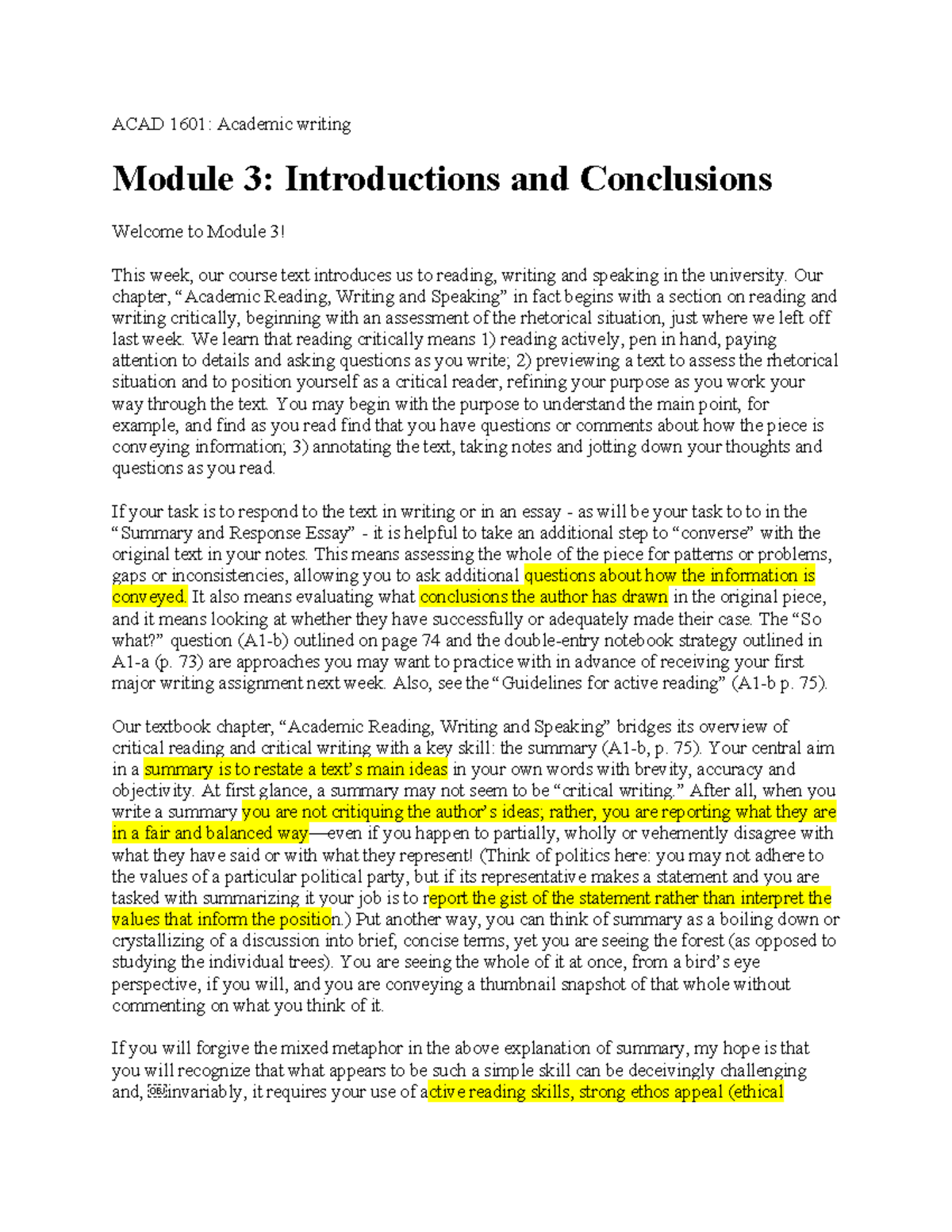 Module 3 - notes - ACAD 1601: Academic writing Module 3: Introductions ...