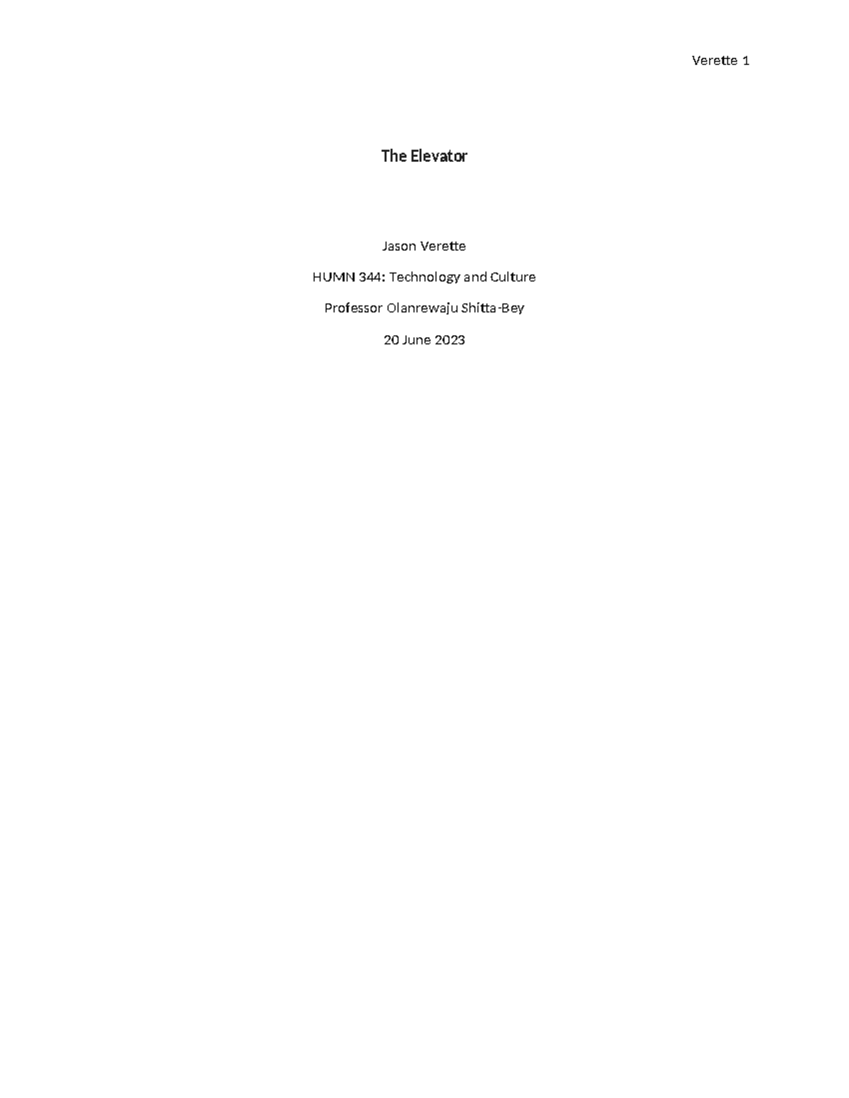 Jason Verette analysis paper - The Elevator Jason Verette HUMN 344 ...
