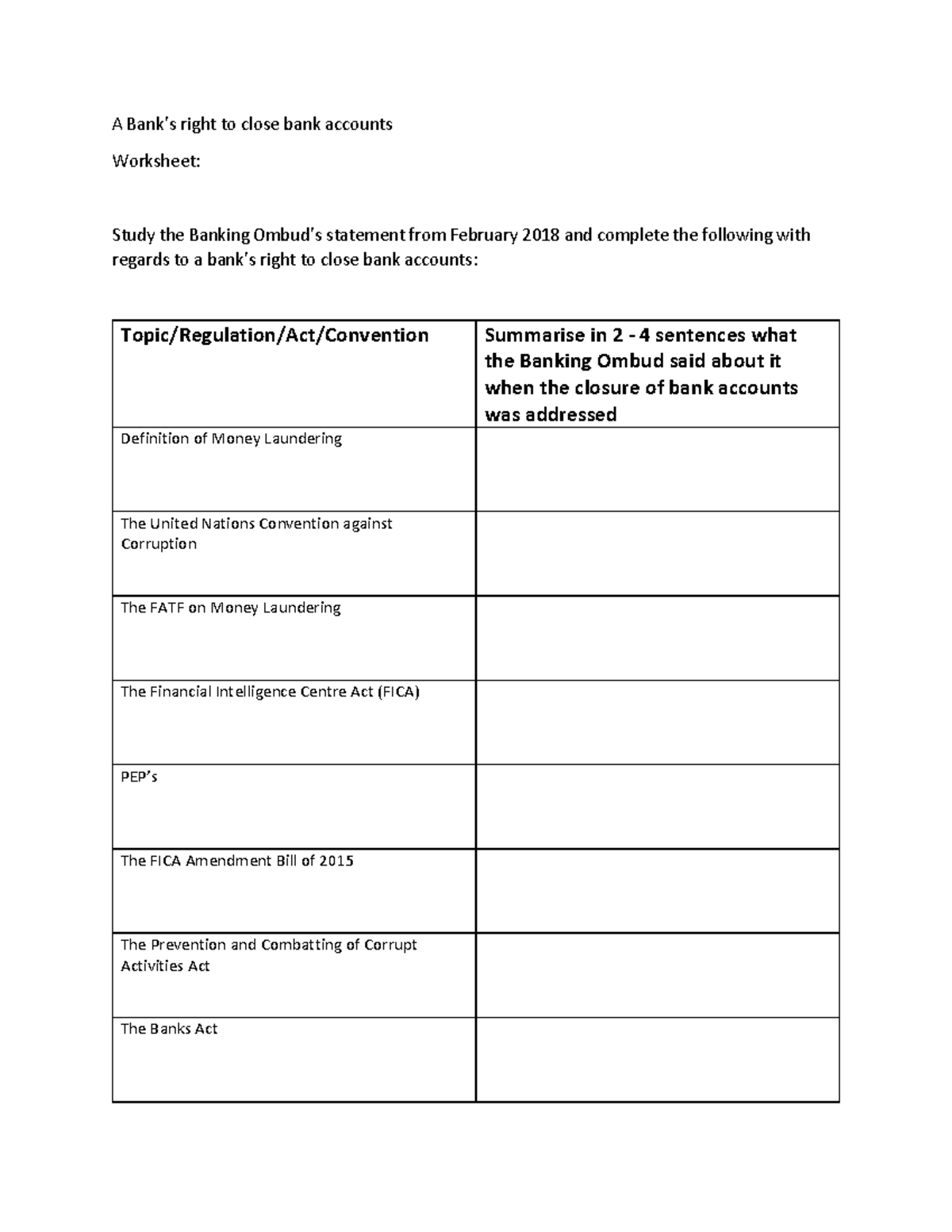 Closure of Bank Accounts worksheet - A Bank’s right to close bank ...