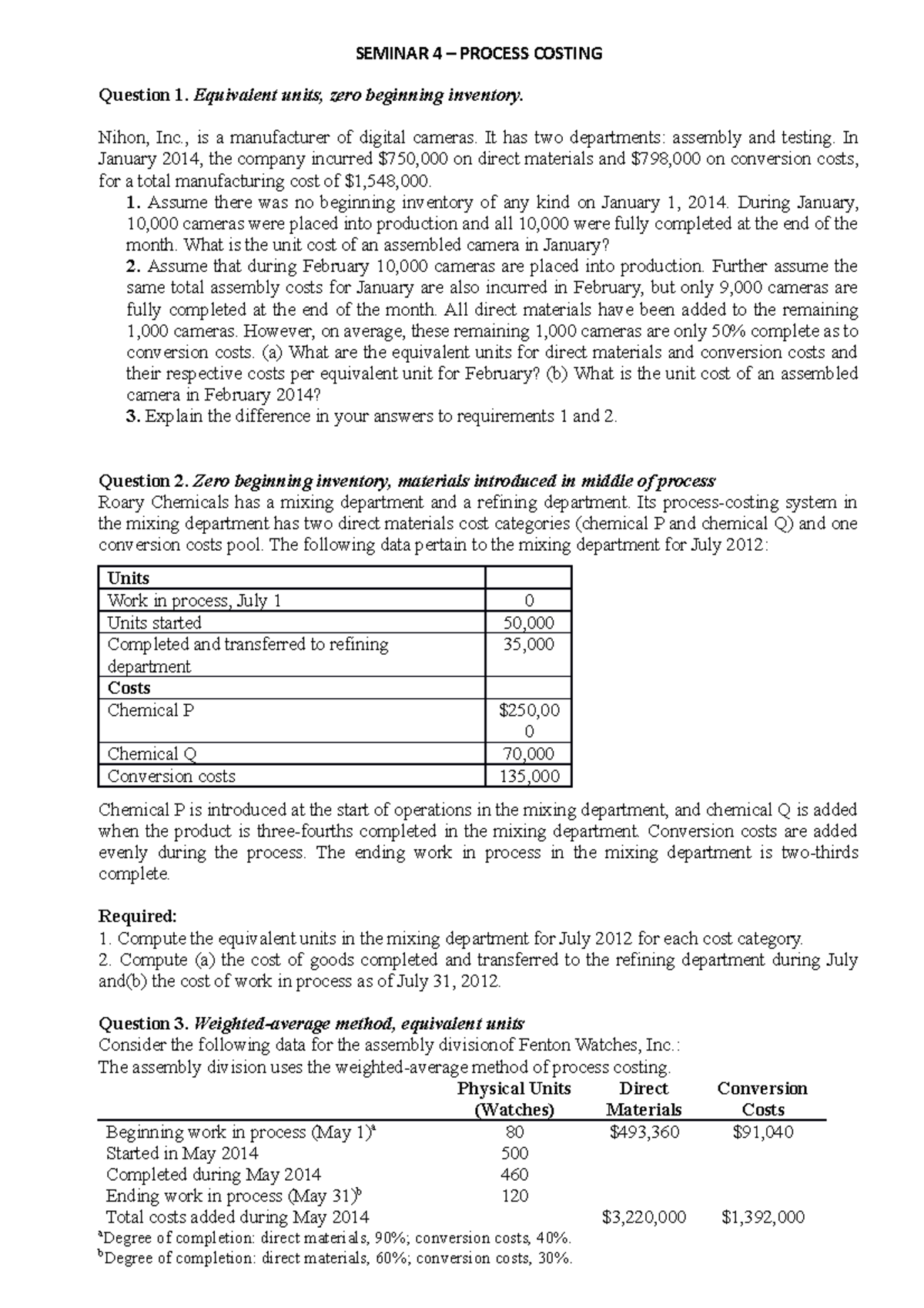 T4 Process costing Open Book Team - SEMINAR 4 – PROCESS COSTING ...