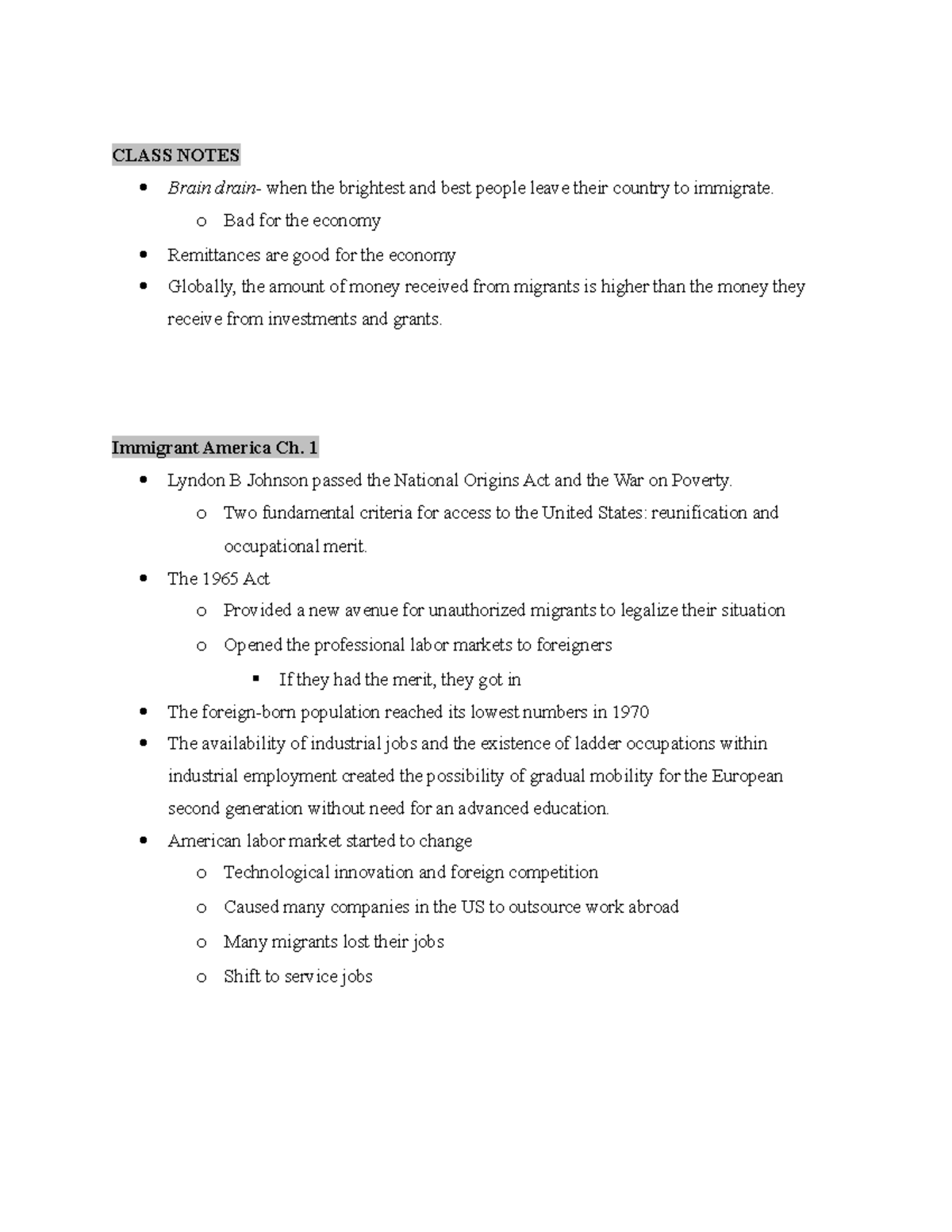 Immigration in America SOC 3322 Notes - CLASS NOTES Brain drain - when ...