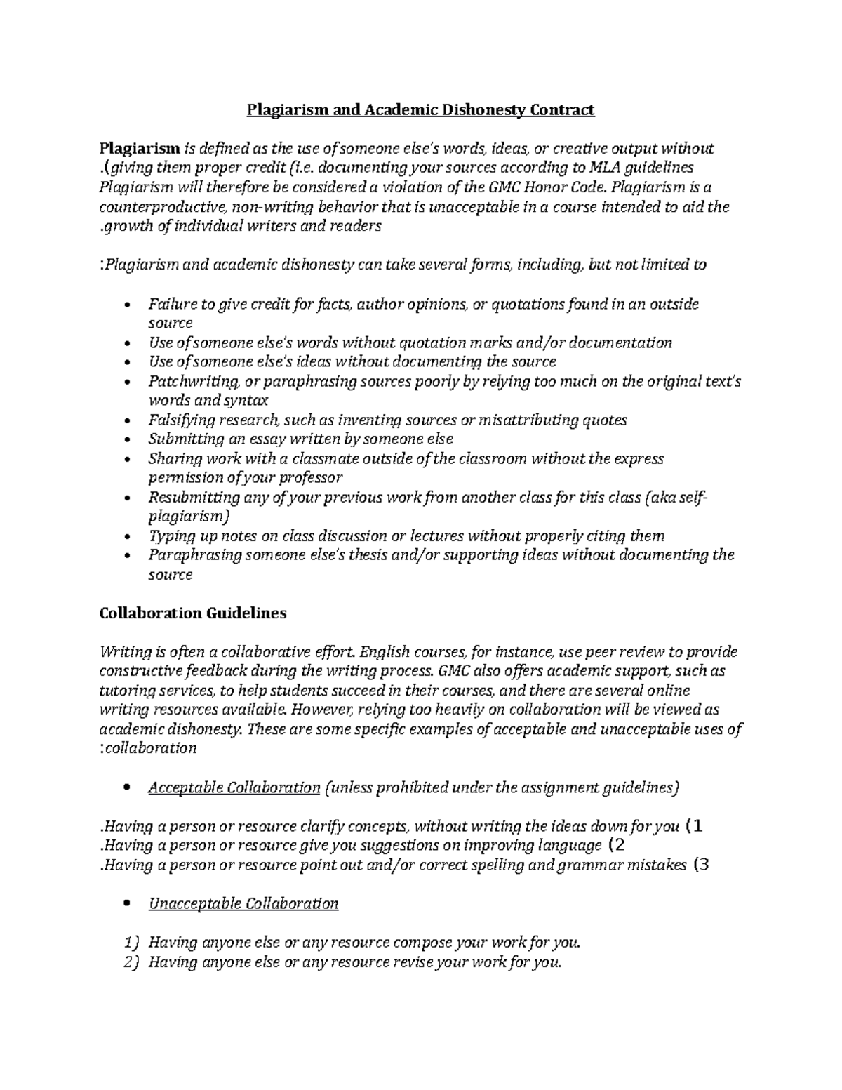 Plagiarism and Academic Dishonesty Contract - Plagiarism and Academic ...