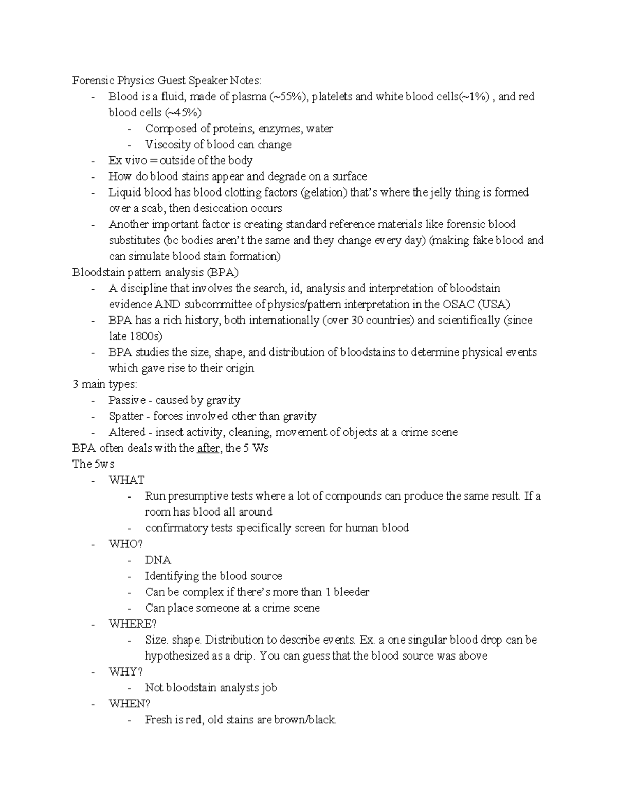 Forensic Physics Guest Speaker Notes - If a room has blood all around ...