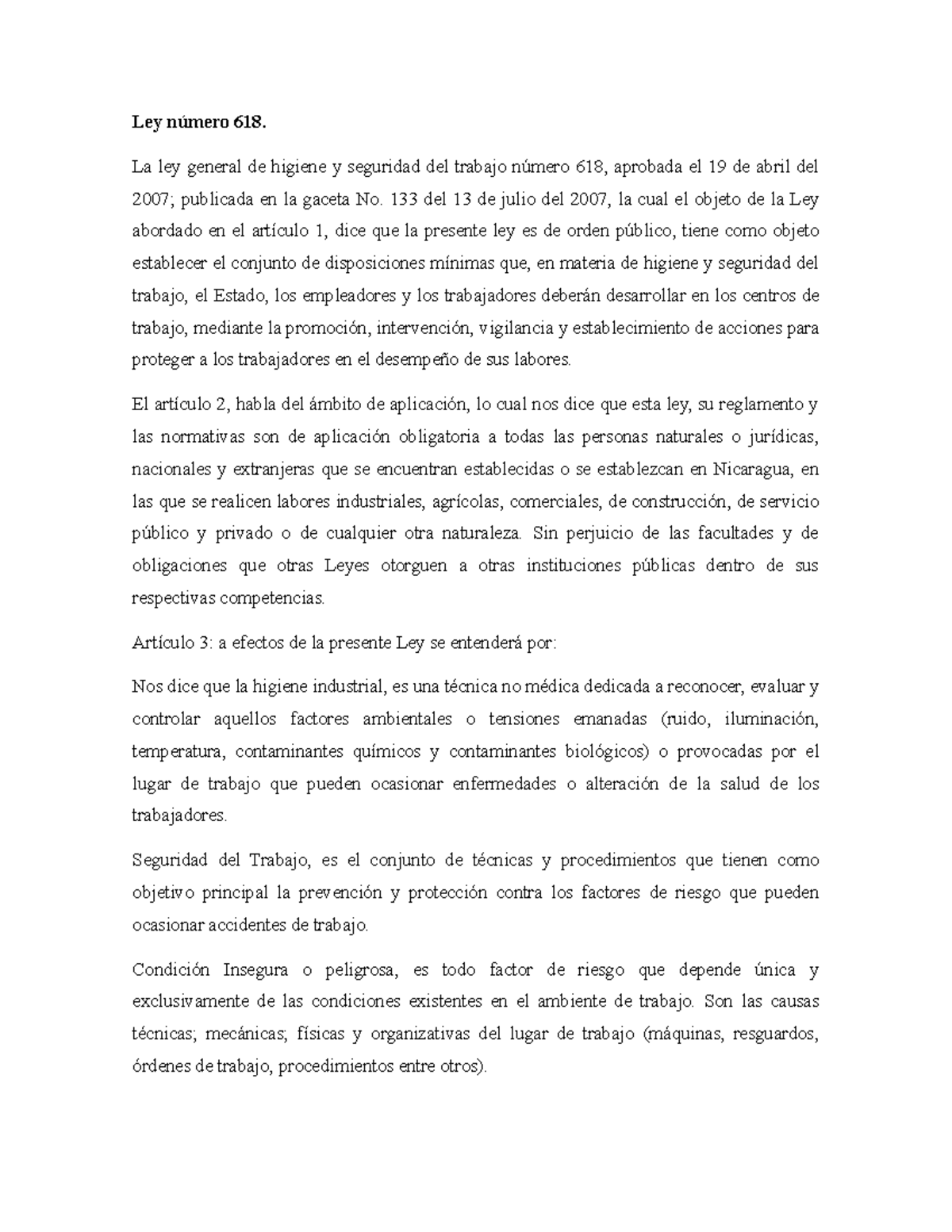 Ley número 618 - Apuntes 1 - Ley número 618. La ley general de higiene ...