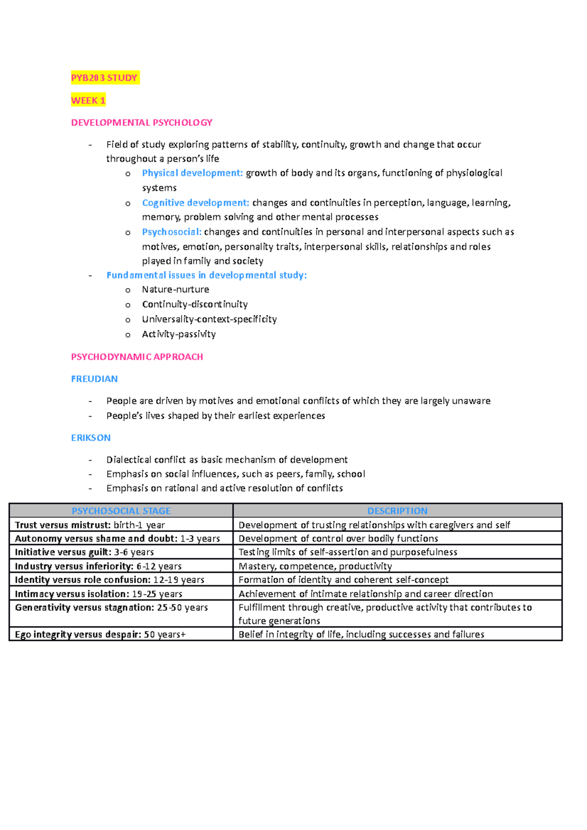 PYB203 Study - PYB203 STUDY WEEK 1 DEVELOPMENTAL PSYCHOLOGY Field of study exploring patterns of ...