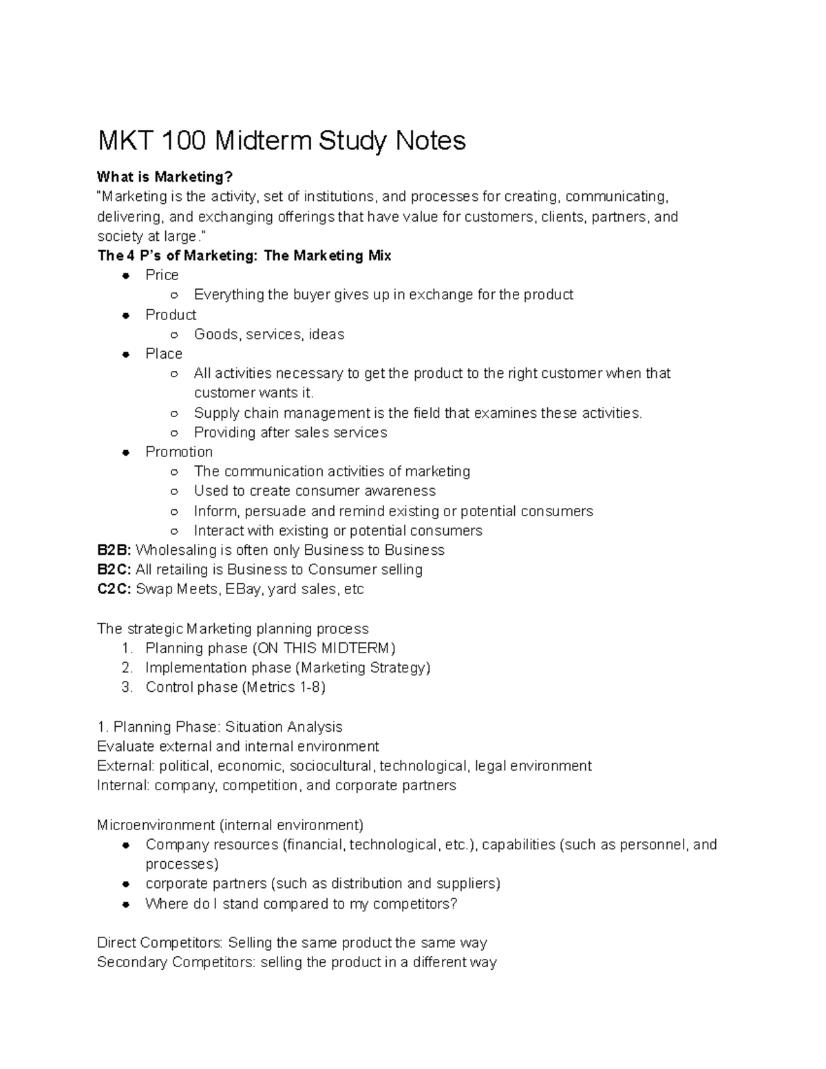 MKT 100 Midterm Study Notes - MKT 100 Midterm Study Notes What is ...