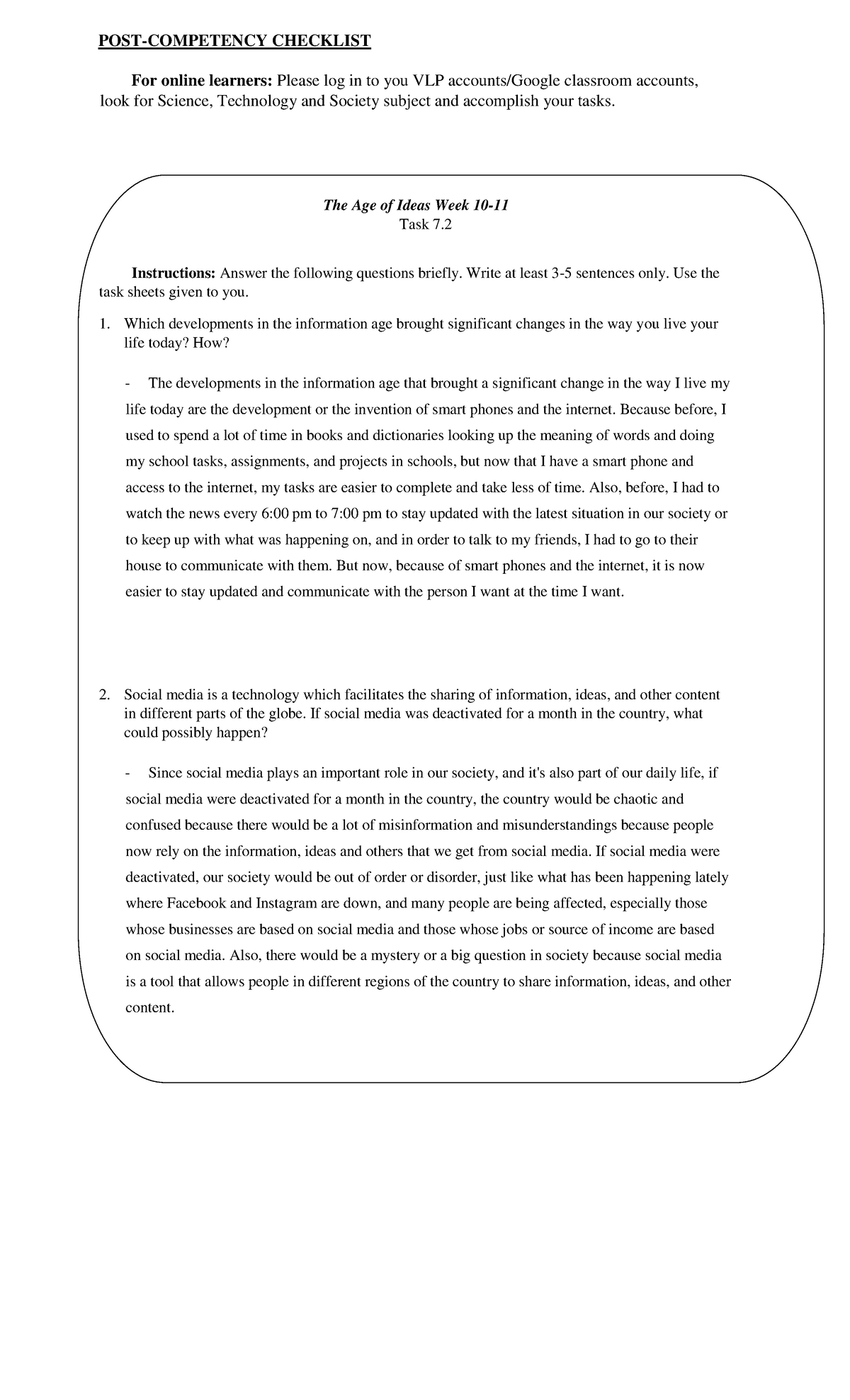 Scie Tech&Soc Module%207 Activity% - POST-COMPETENCY CHECKLIST For ...