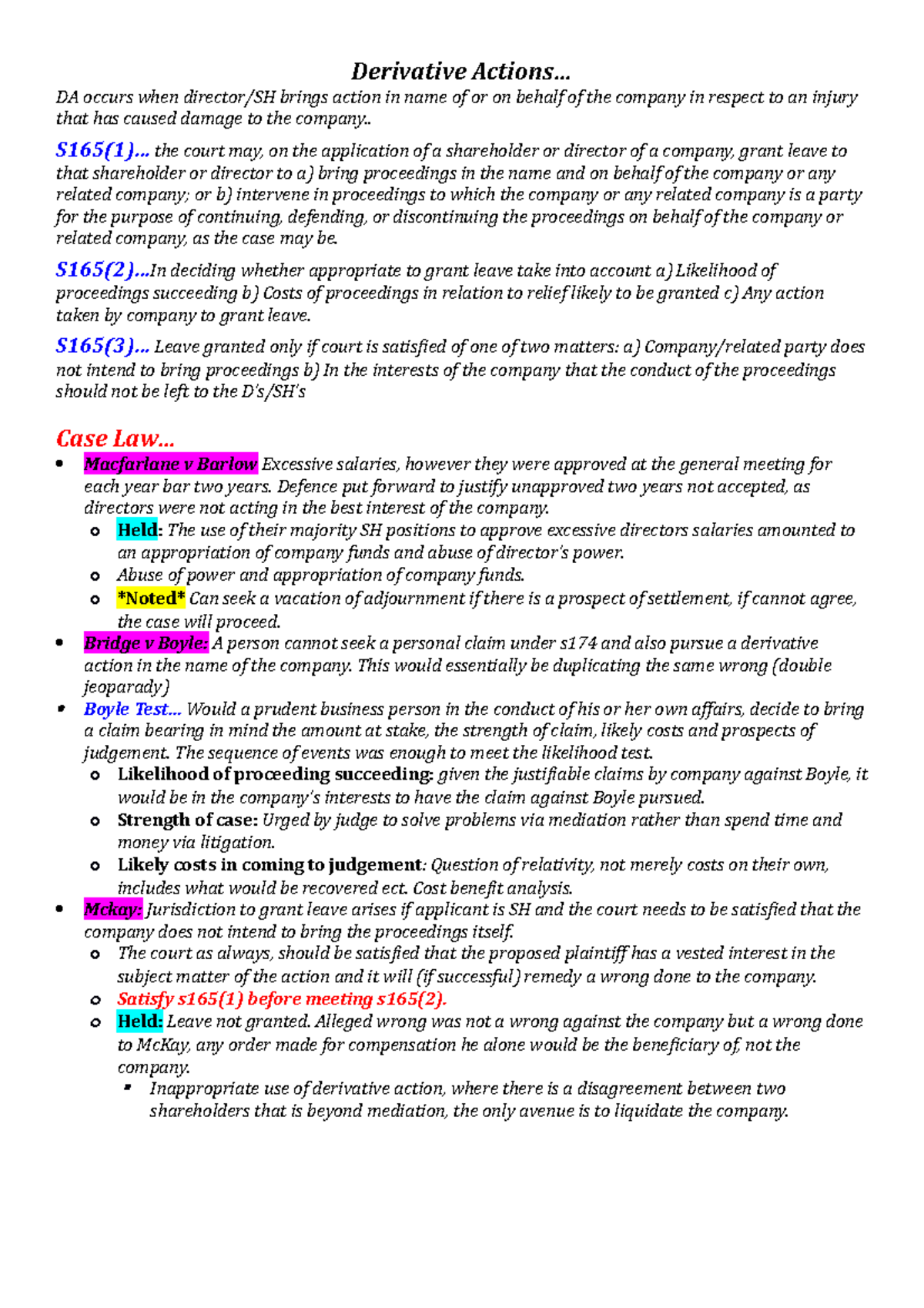 Derivative Actions… - Derivative DA occurs when brings action in name ...