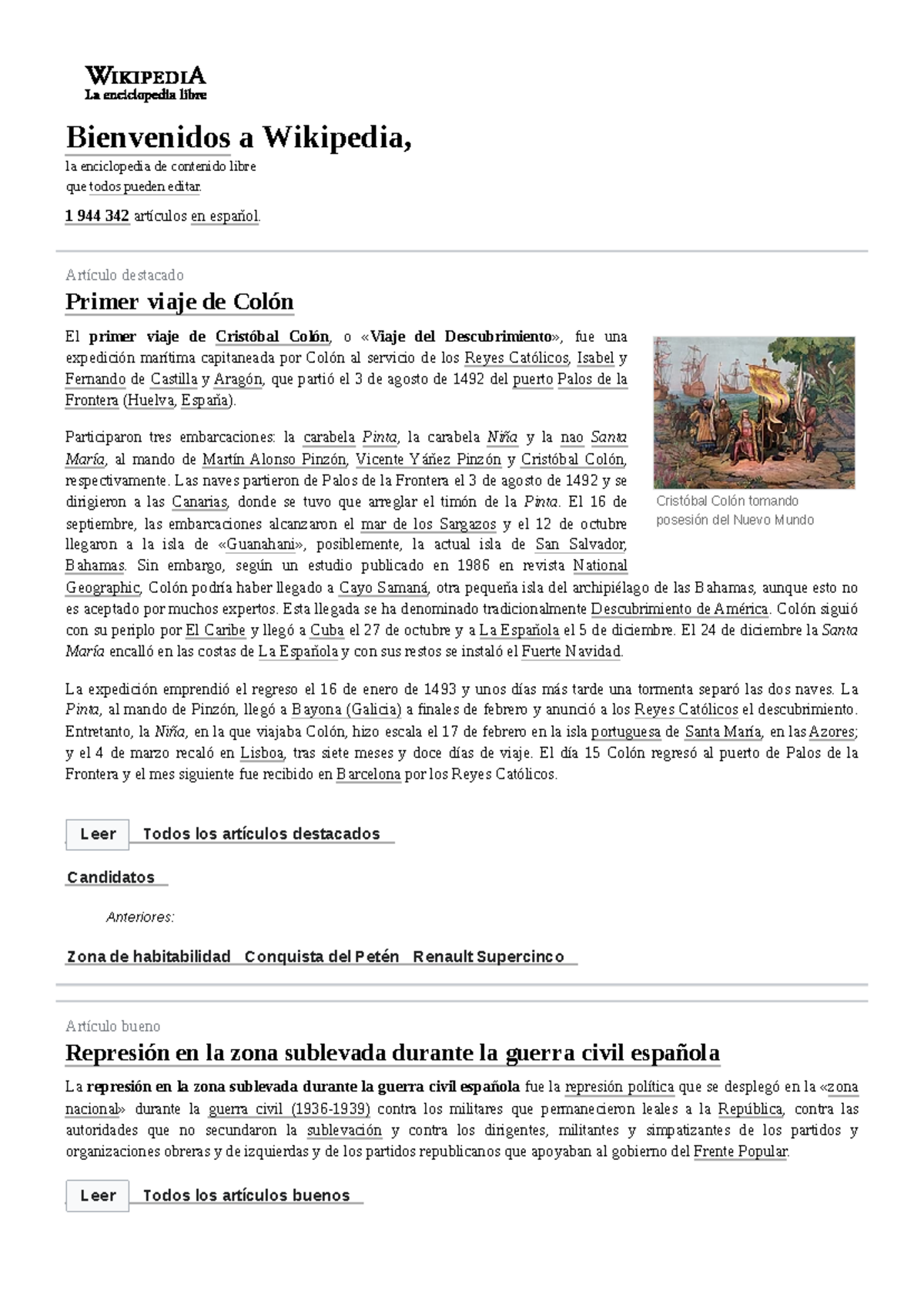 Wikipedia Portada - Cristóbal Colón tomando posesión del Nuevo Mundo ...