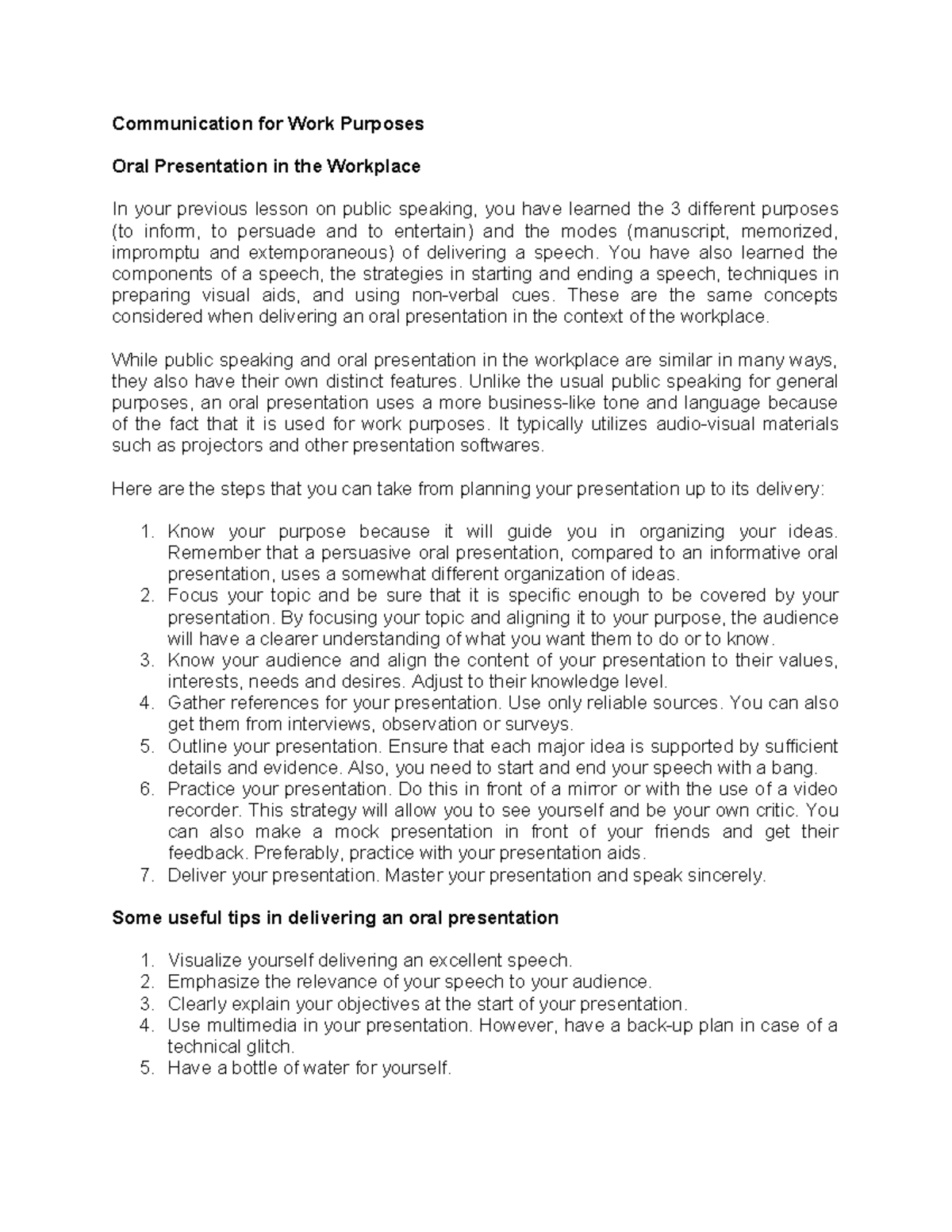 Communication for Work Purpose 4 - Communication for Work Purposes Oral ...