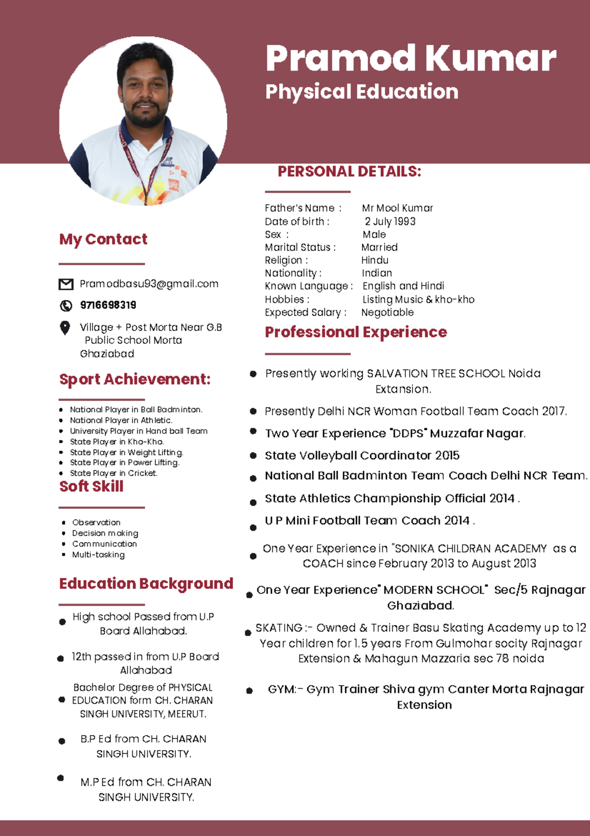 Pramod Kumar Resume - PHYSICAL EDUCATION - Pramod Kumar Physical ...