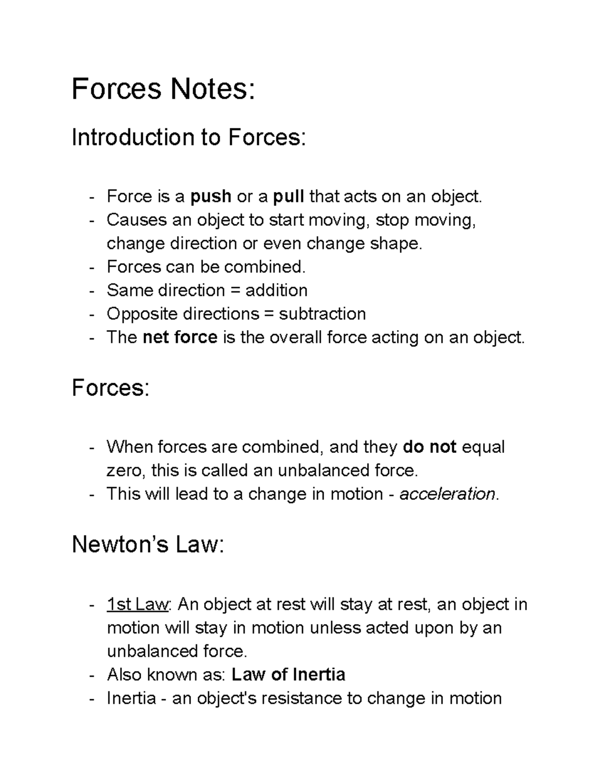 Forces Notes - Forces Notes: Introduction to Forces: Force is a push or ...
