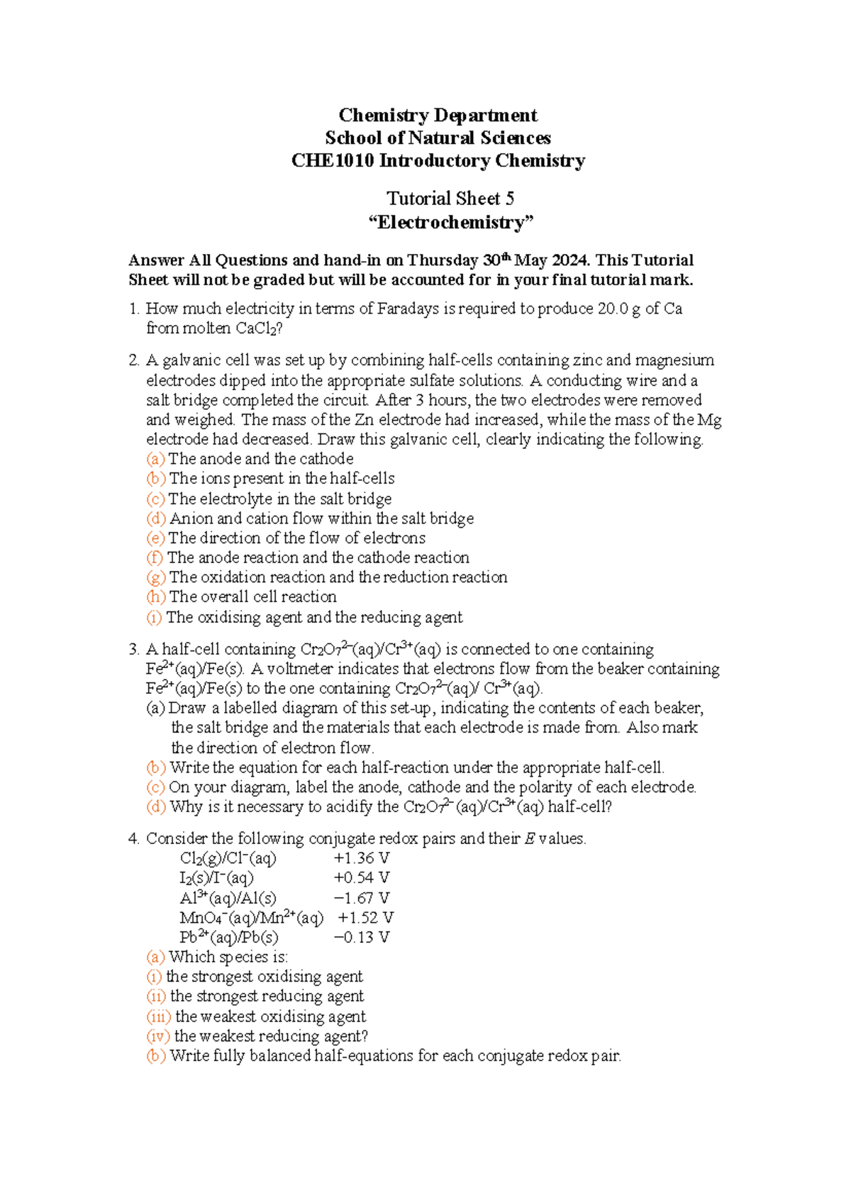 Electro- Thermo-Chemistry Tutorial Sheetm - Chemistry Department School ...