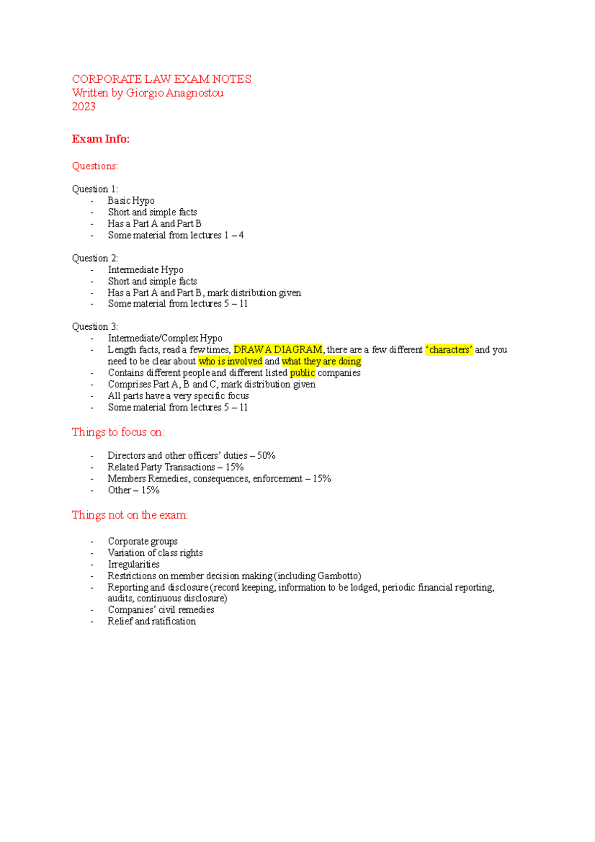 CORP LAW EXAM - good notes - CORPORATE LAW EXAM NOTES Written by ...