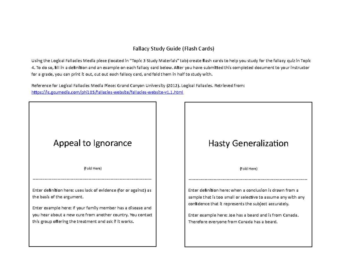 Fallacy Guide for the Quiz - Fallacy Study Guide (Flash Cards) Using ...