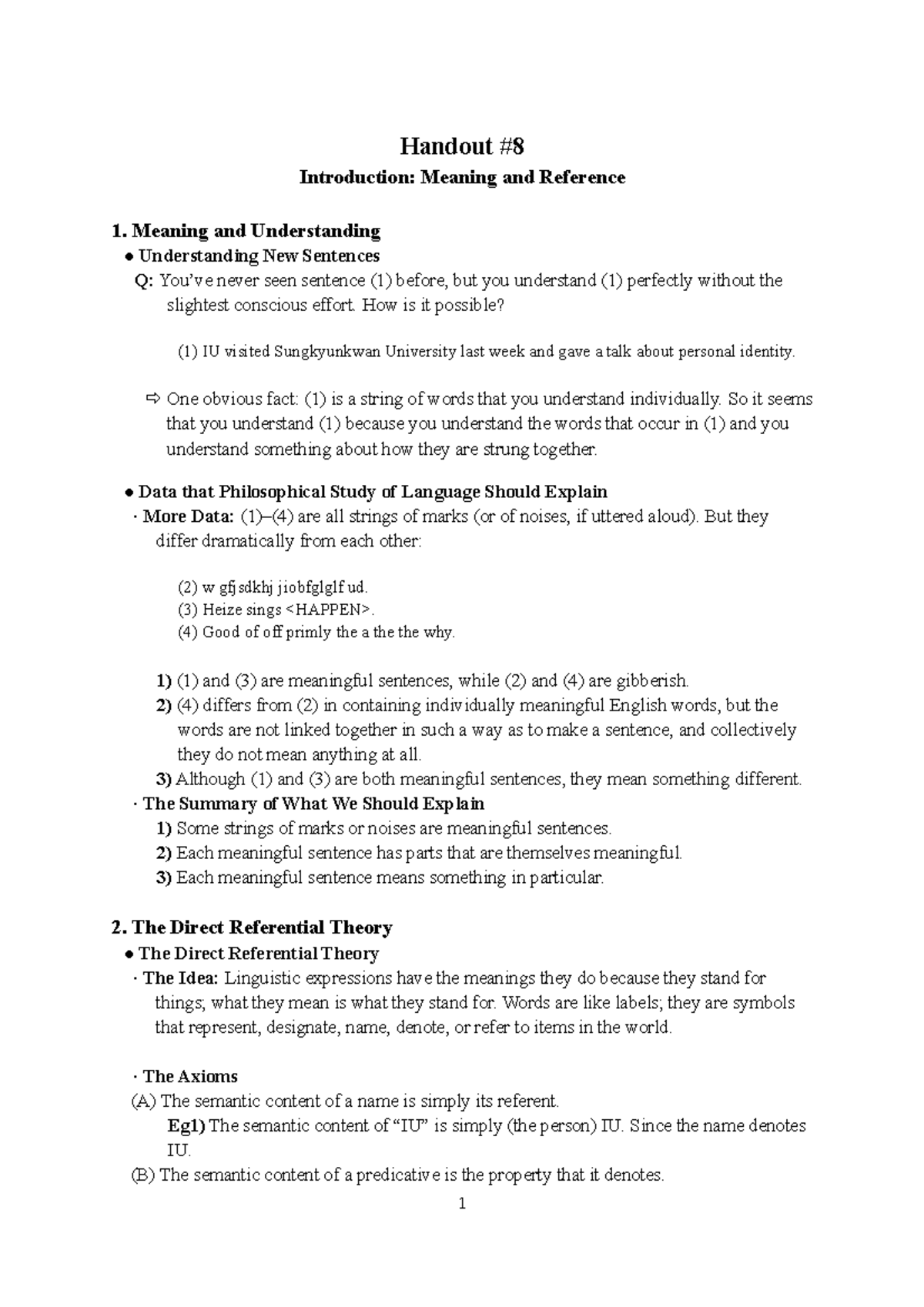 Handout#8 Direct Referential Theory - Handout Introduction: Meaning and ...