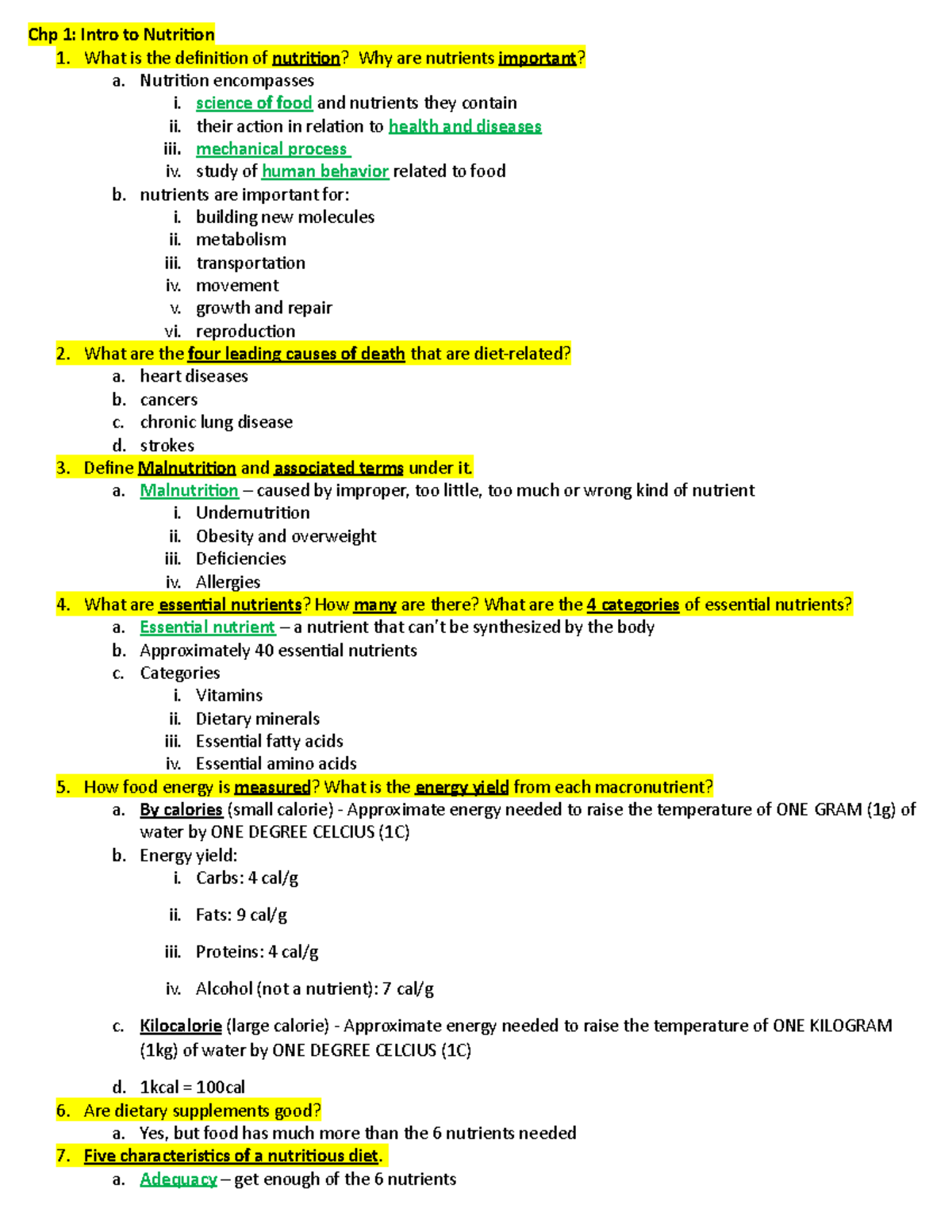NUTR 295 Master Final Study Guide - Chp 1: Intro to Nutrition 1. What ...