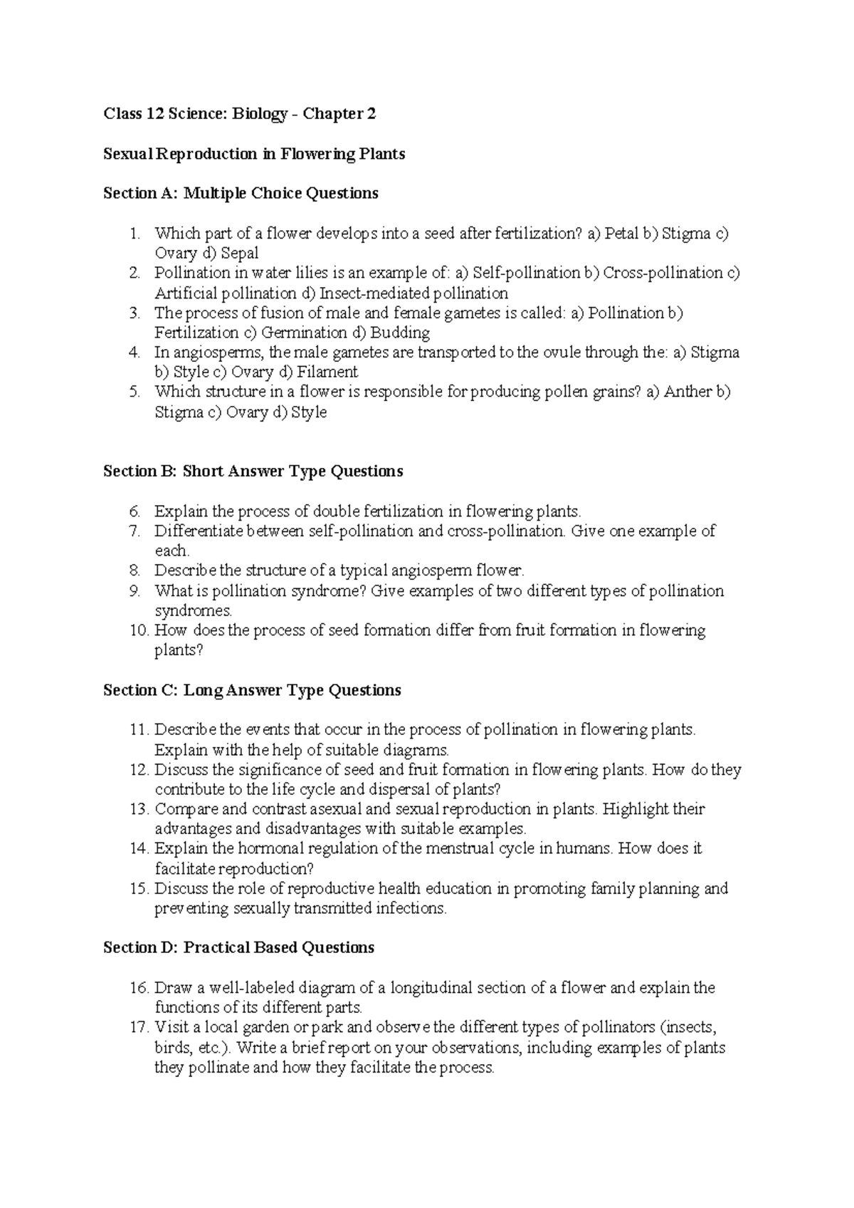 Class 12 Science - Class 12 Science: Biology - Chapter 2 Sexual ...