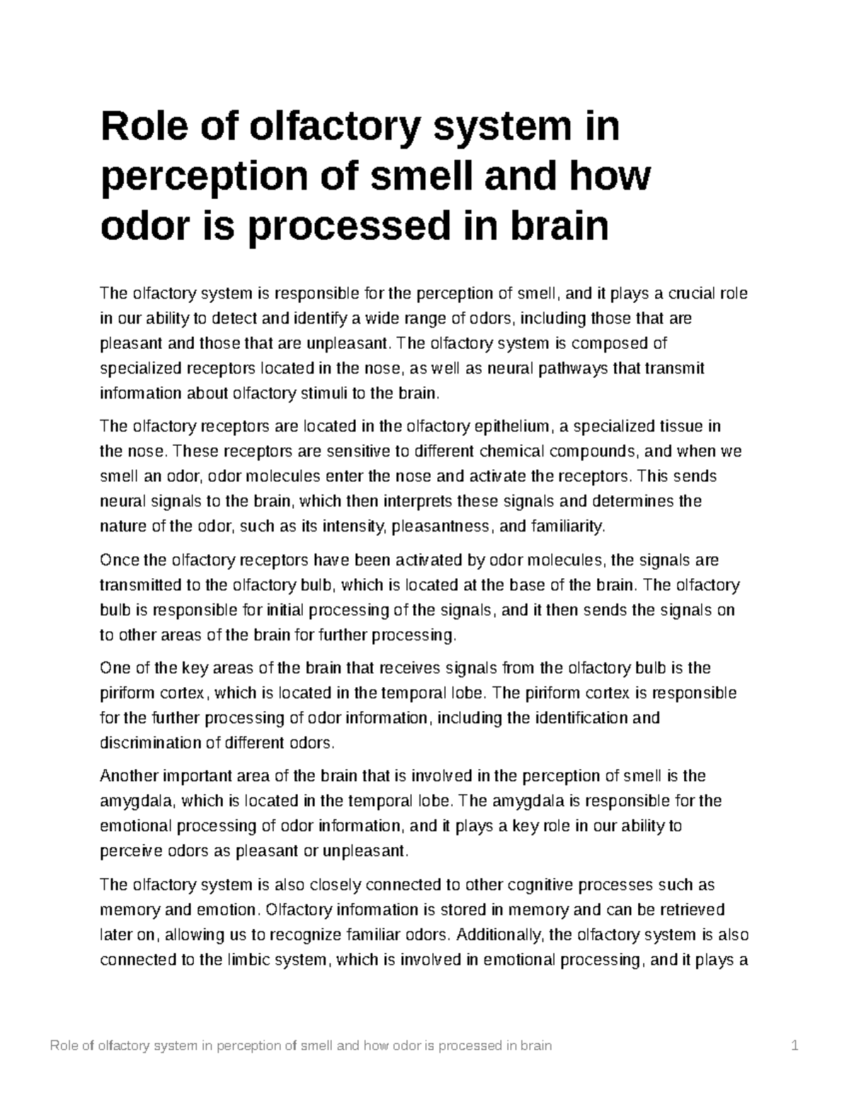 Role of olfactory system in perception of smell and how odor is ...