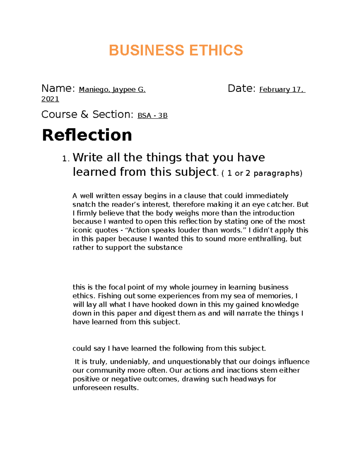 Reflection Aha BUSINESS ETHICS Name Maniego Jaypee G Date February 17 2021 Course reflection-aha-business-ethics-name-maniego-jaypee-g-date-february-17-2021-course