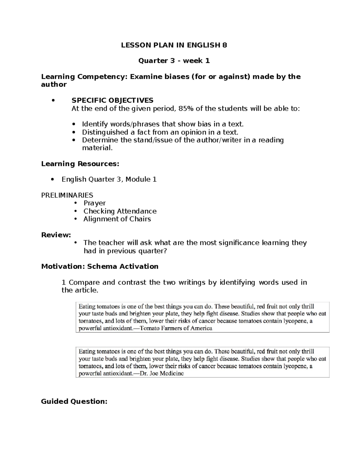 Starman - None - LESSON PLAN IN ENGLISH 8 Quarter 3 - week 1 Learning ...