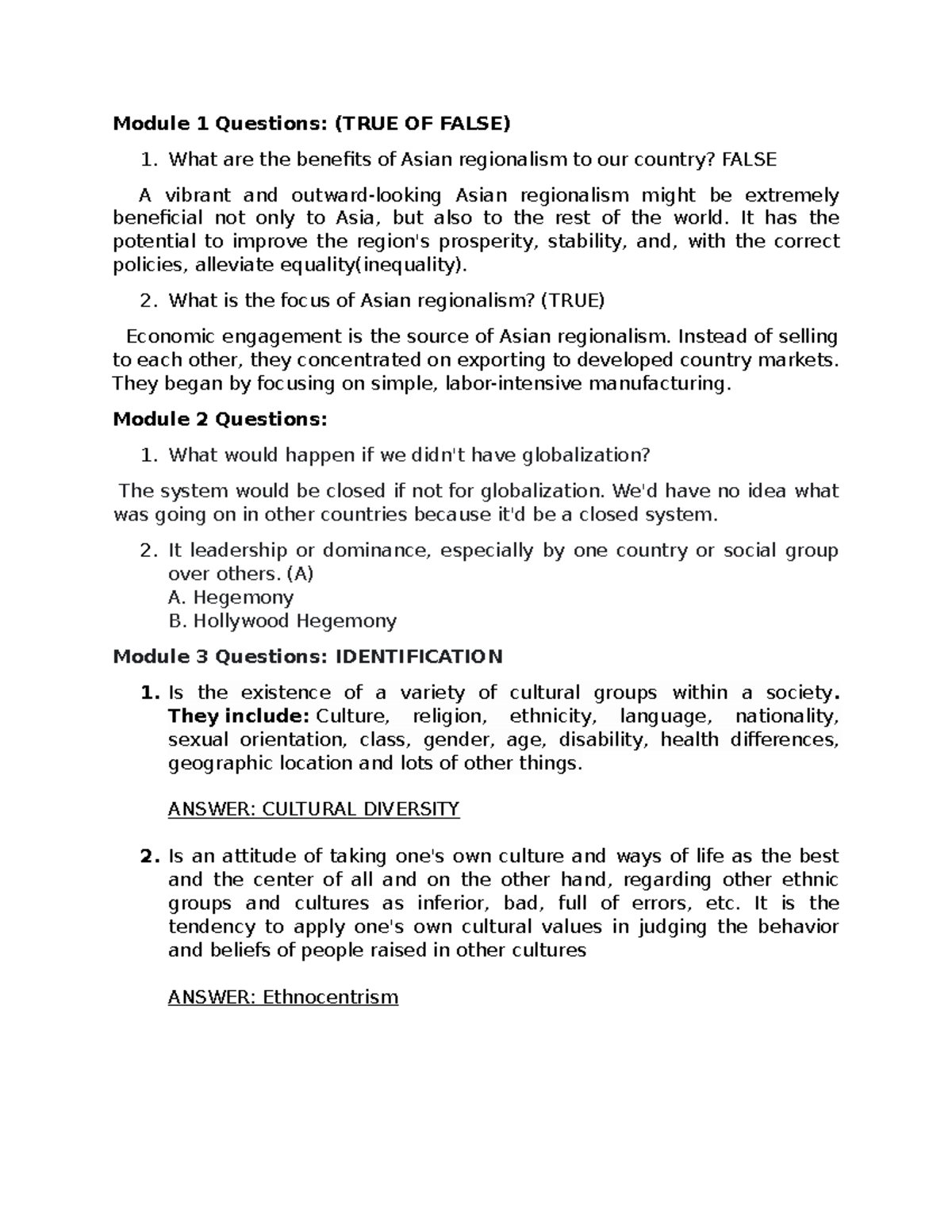 Contem- Recitation - Cultural Diversity - Module 1 Questions: (TRUE OF ...