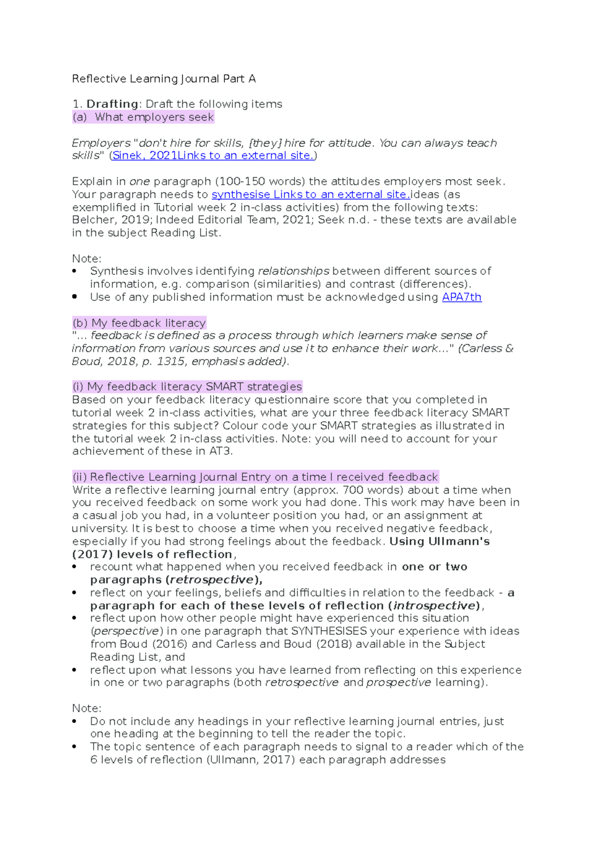 AT1 Rubric - Reflective Learning Journal Part A Drafting: Draft the ...