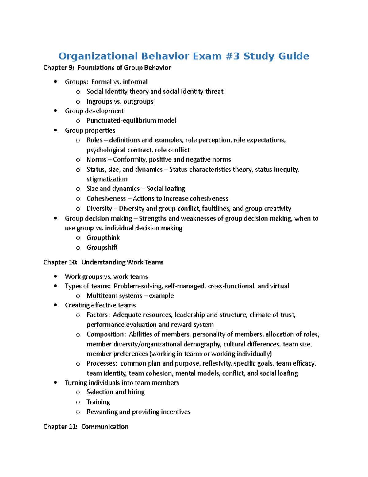 Exam 3 Review - Summary Organizational Behavior - Organizational ...