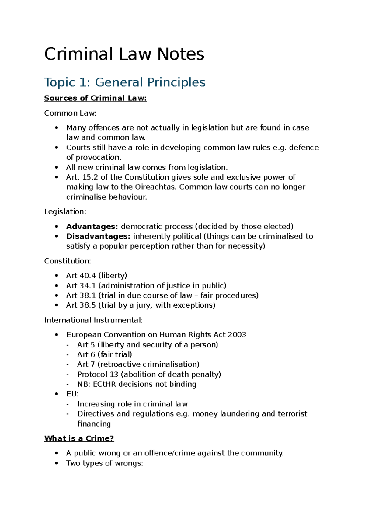 Criminal Notes - Criminal Law Notes Topic 1: General Principles Sources ...