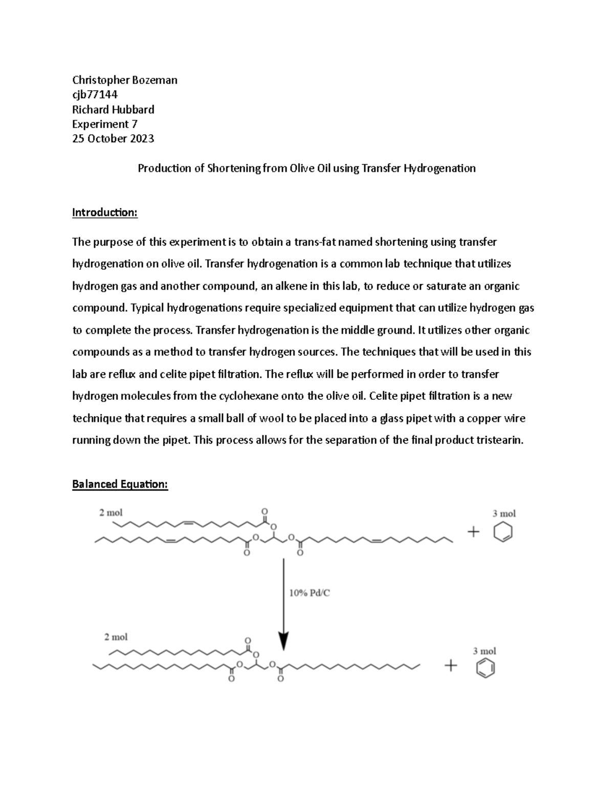 Experiment 7- Olive Oil - Christopher Bozeman cjb7 7144 Richard Hubbard ...