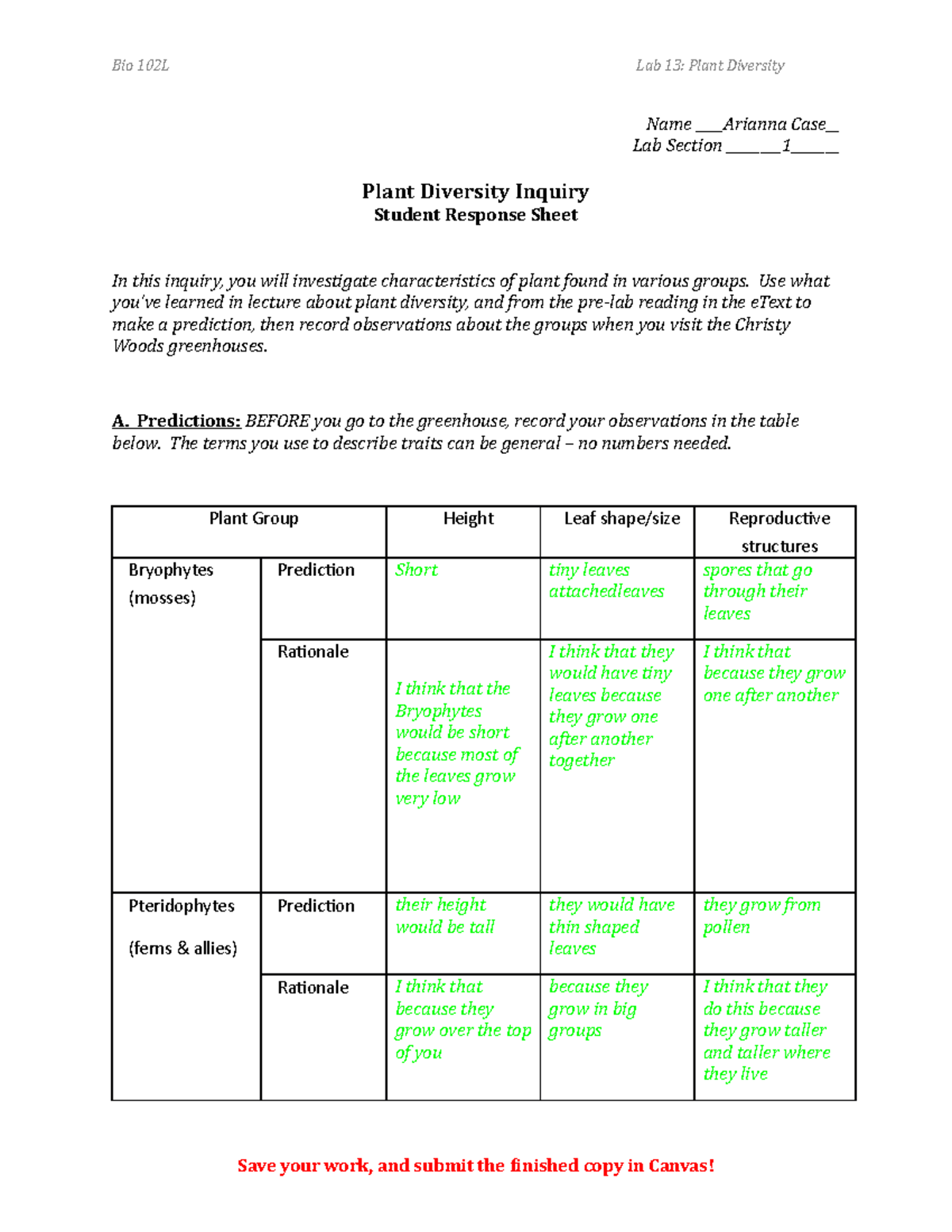 Case lab13plantdiversity SRS - Name __Arianna Case Lab Section _1 Plant ...
