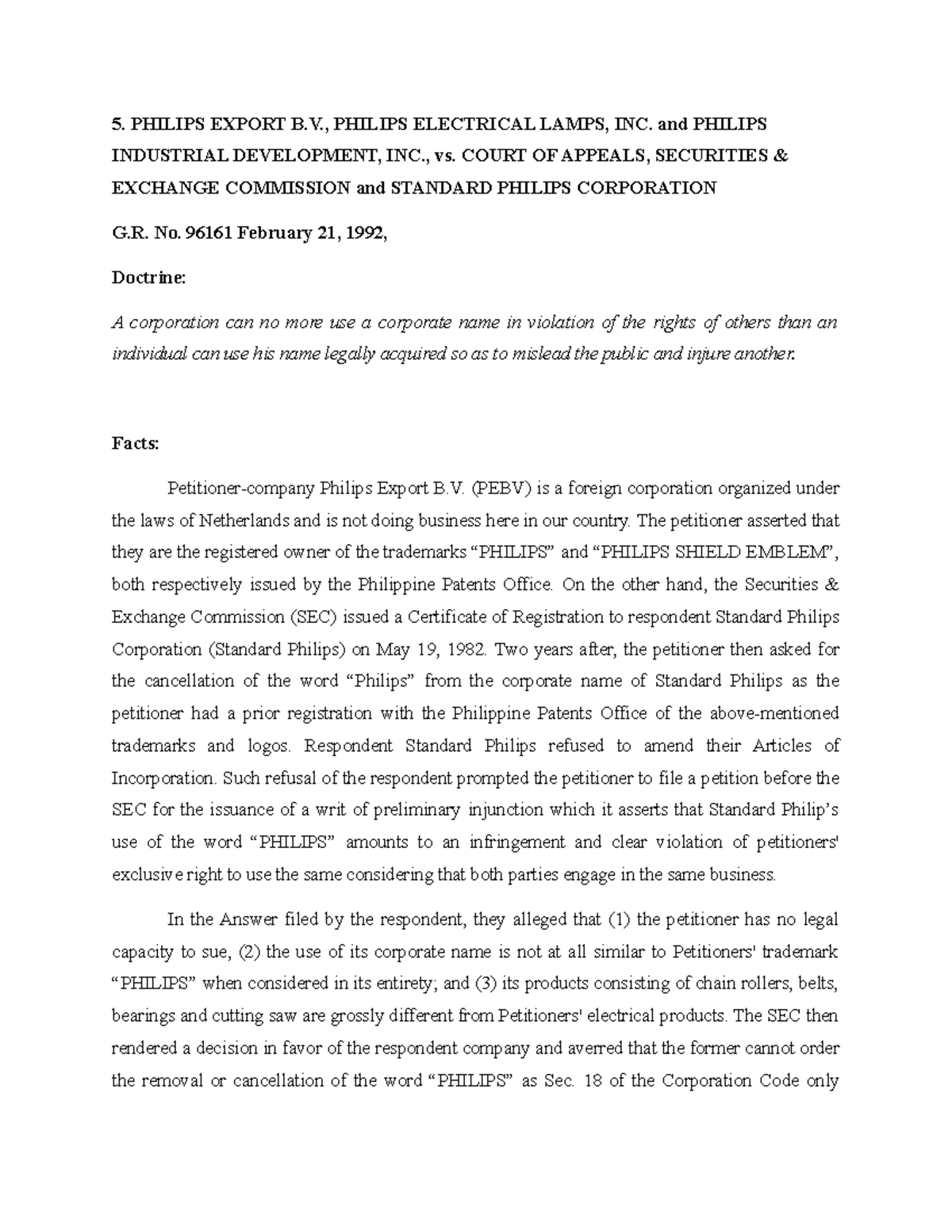 5. Philips Export B.V., Philips Electrical Lamps, INC. and Philips ...