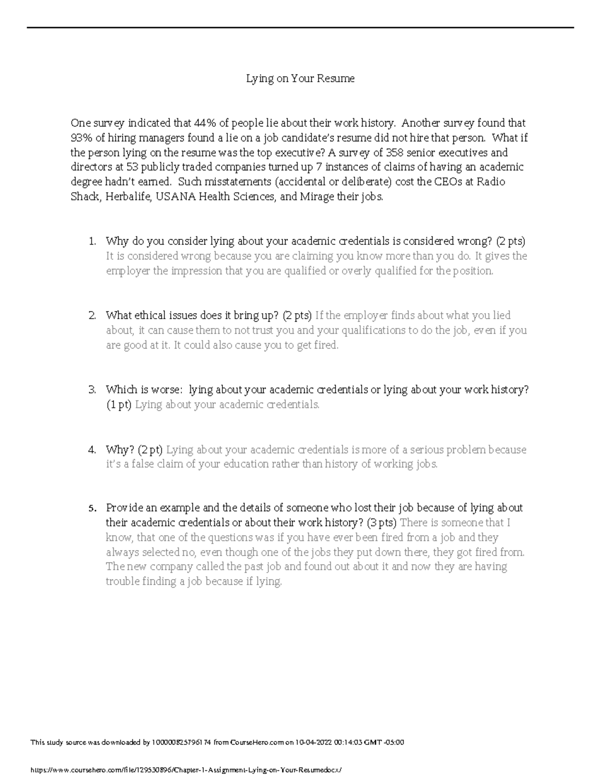 Chapter 1 Assignment Lying on Your Resume - Lying on Your Resume One ...