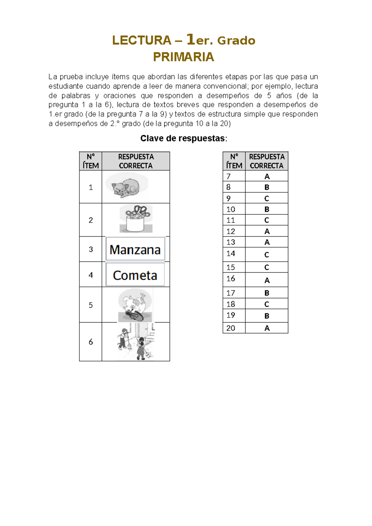 Clave DE Respuestas Y Pautas PARA Revisión - Lectura - LECTURA – 1 er ...