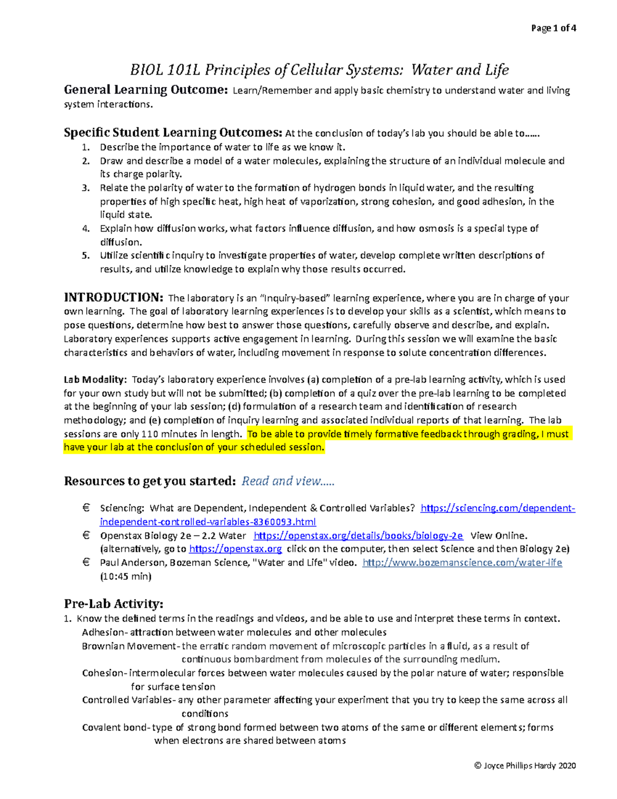 Hardy BIO101 Lab 03 - Properties of Water - BIOL 101L Principles of ...