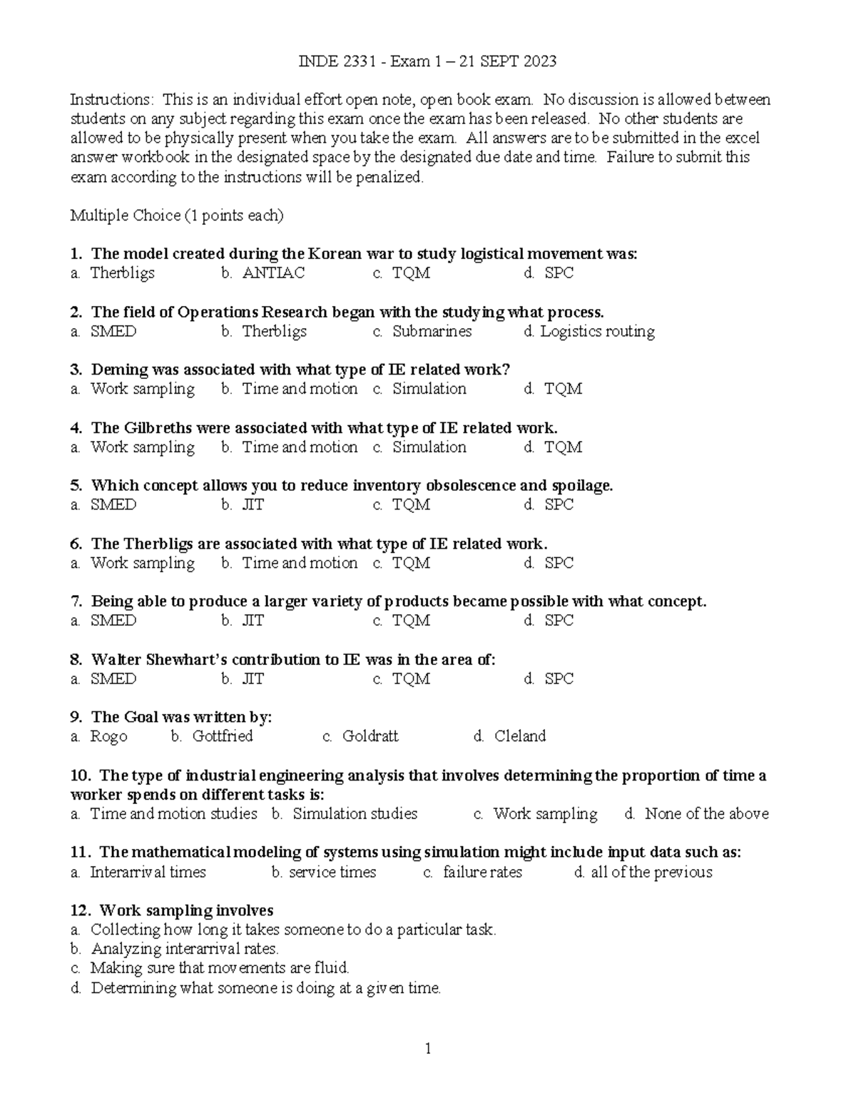 Exam 1 question document - INDE 2331 - Exam 1 – 21 SEPT 2023 ...