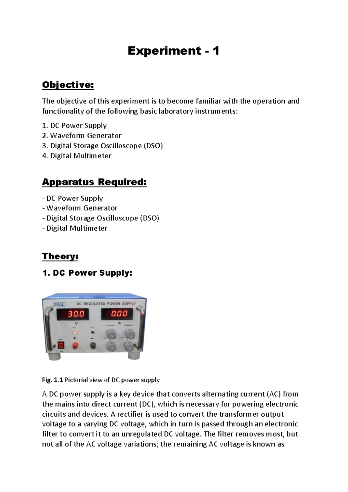 EC EX 1 to be printed - xvcxcv - Experiment - 1 Objective: The objective of this experiment is ...