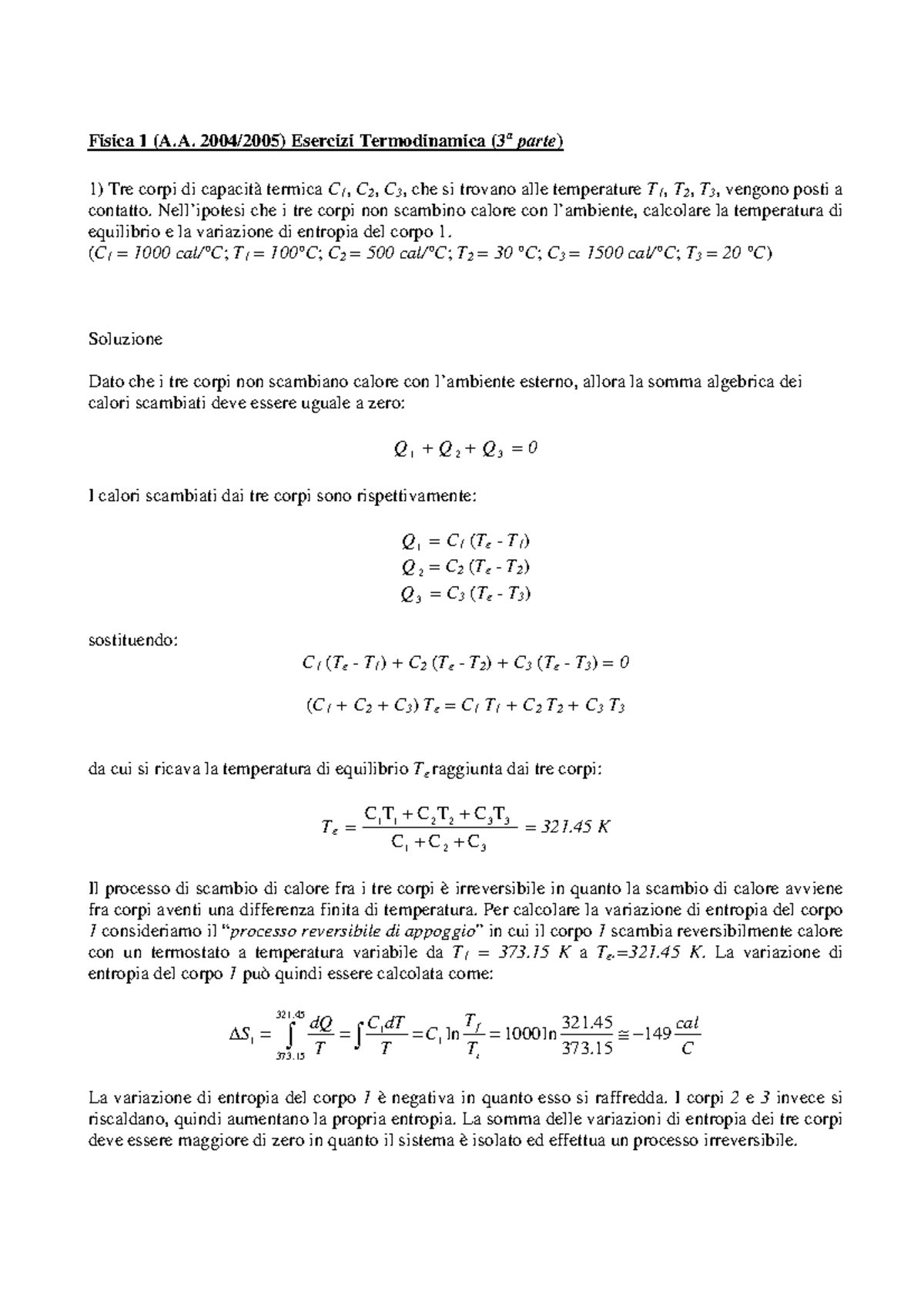 Fisica 1 Esercizi DI Termodinamica 1 20 - Fisica 1 (A. 2004/2005 ...