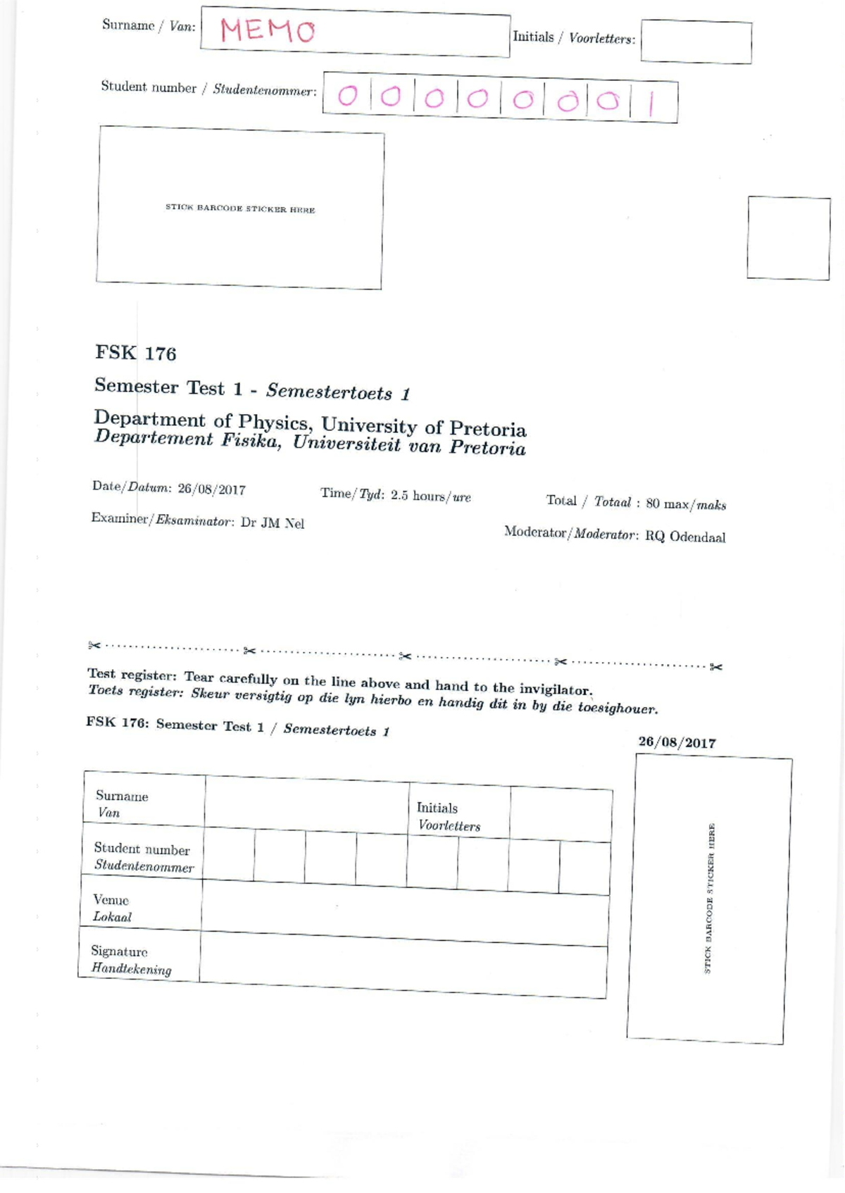 2017 FSK176 ST1 Memo - Semester test 1 paper and memo FSK 116 - Surname ...