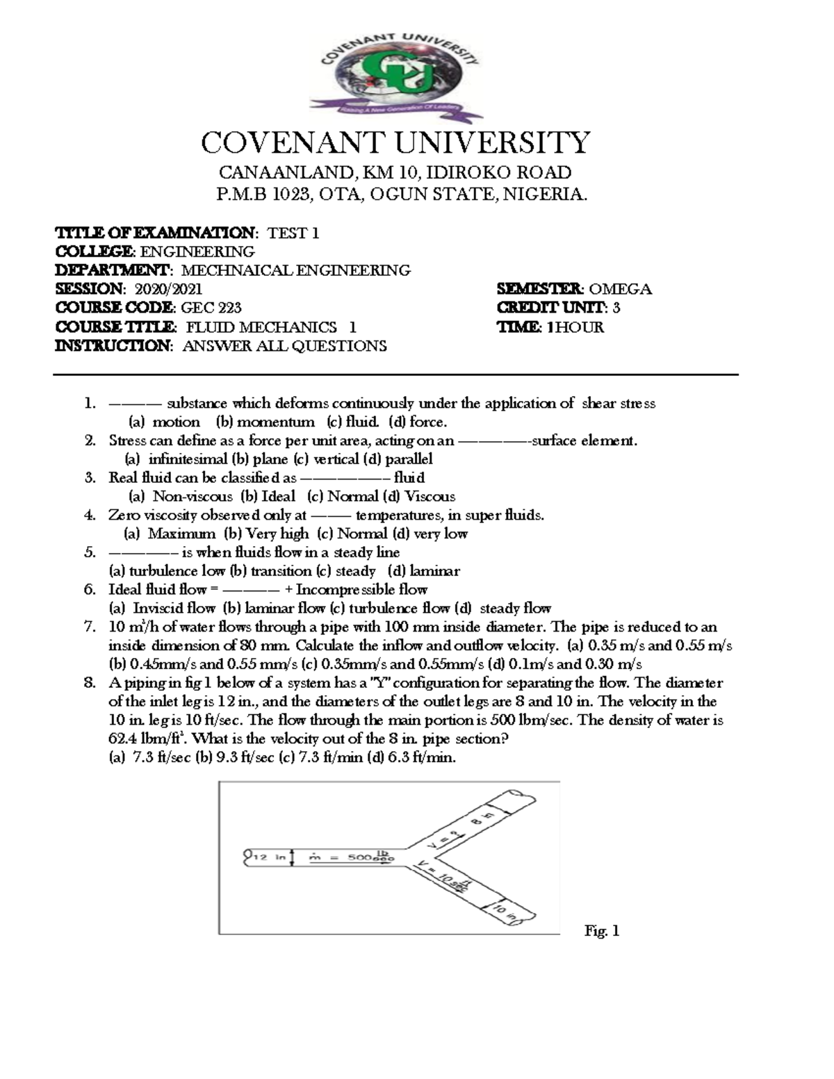 GEC 223 2021 TEST 1 - COVENANT UNIVERSITY CANAANLAND, KM 10, IDIROKO ...