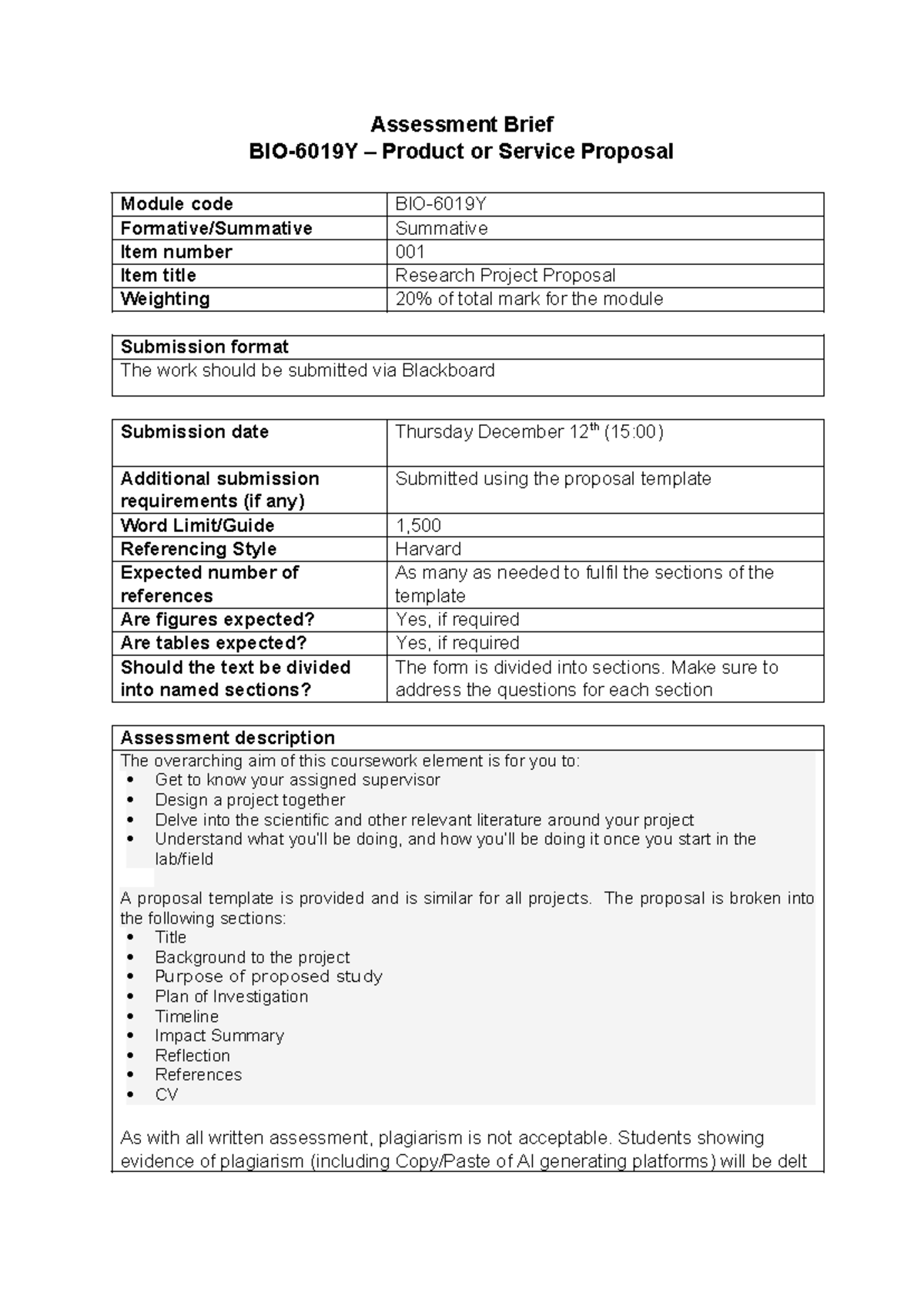 Proposal Assessment Brief - Assessment Brief BIO-6019Y – Product or ...