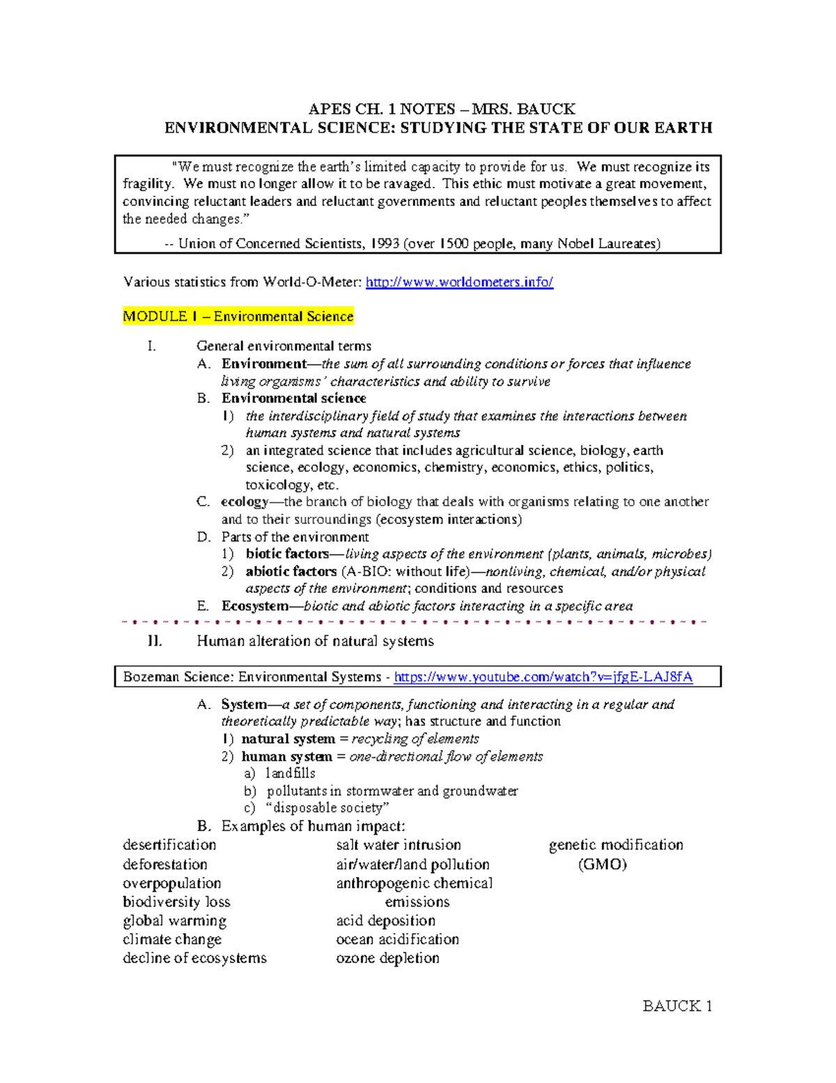 APES- Notes-1 - Earth science studies - APES CH. 1 NOTES – MRS. BAUCK ...