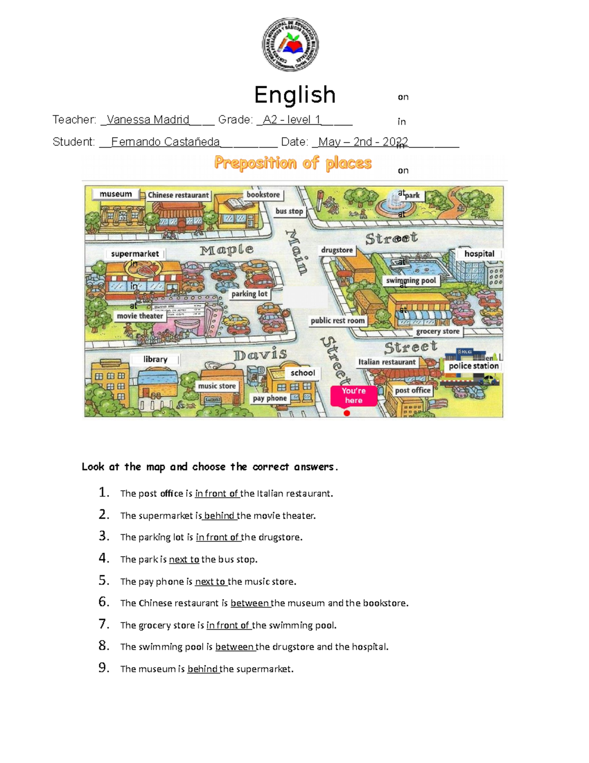 Week 8 Homework - ingles - Look at the map and choose the correct ...